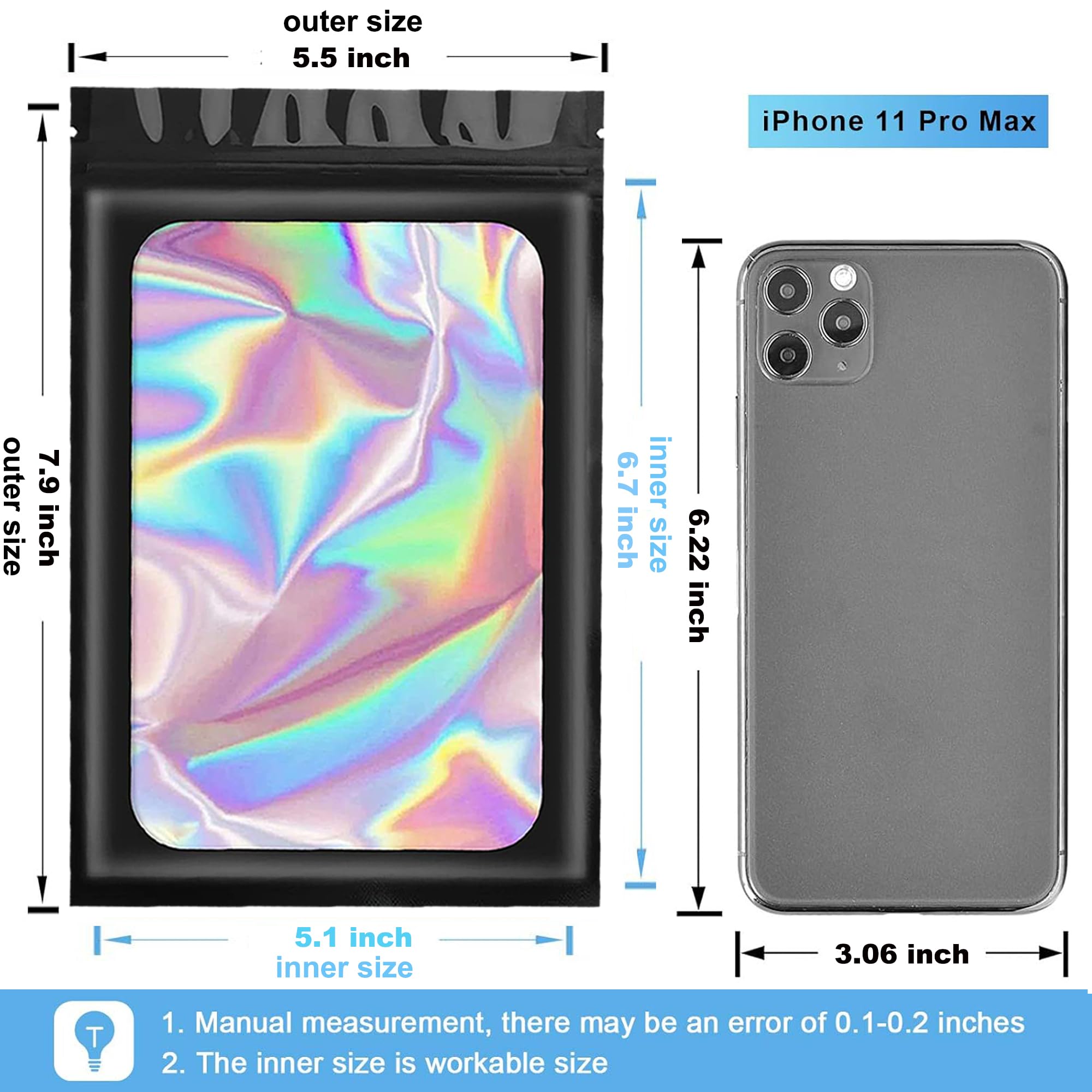 100 Pieces Smell Proof Bags Holographic Piecesaging Bags Storage Bag with Clear Window for Food Storage (Black Color, 5.5x7.9 Inch)