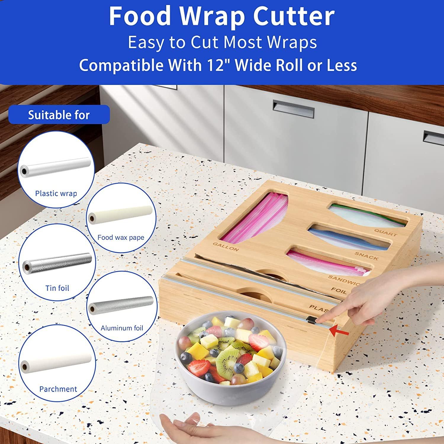 ZZ LIFE 6-in-1 Kitchen Drawer Organizer - Foil and Plastic Wrap Dispenser with Cutter, Ziplock Bag Storage for Gallon, Quart, Sandwich, and Snack Sizes - Organized Bamboo Storage For Home and Kitchen
