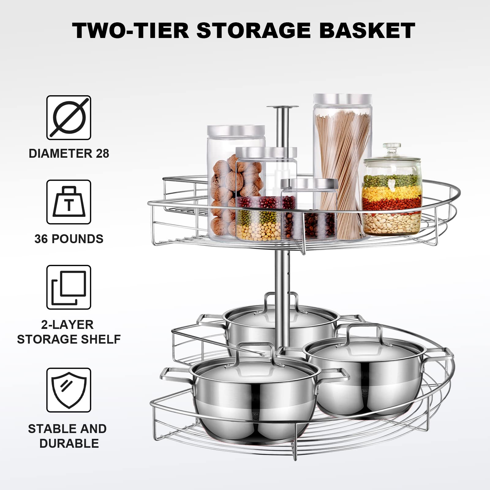 LIVOSA 32" Kidney Shaped Organizer Lazy Susan, 2-Shelf Stainless Steel Kitchen Kidney Shaped Organizer/Rotating Bask