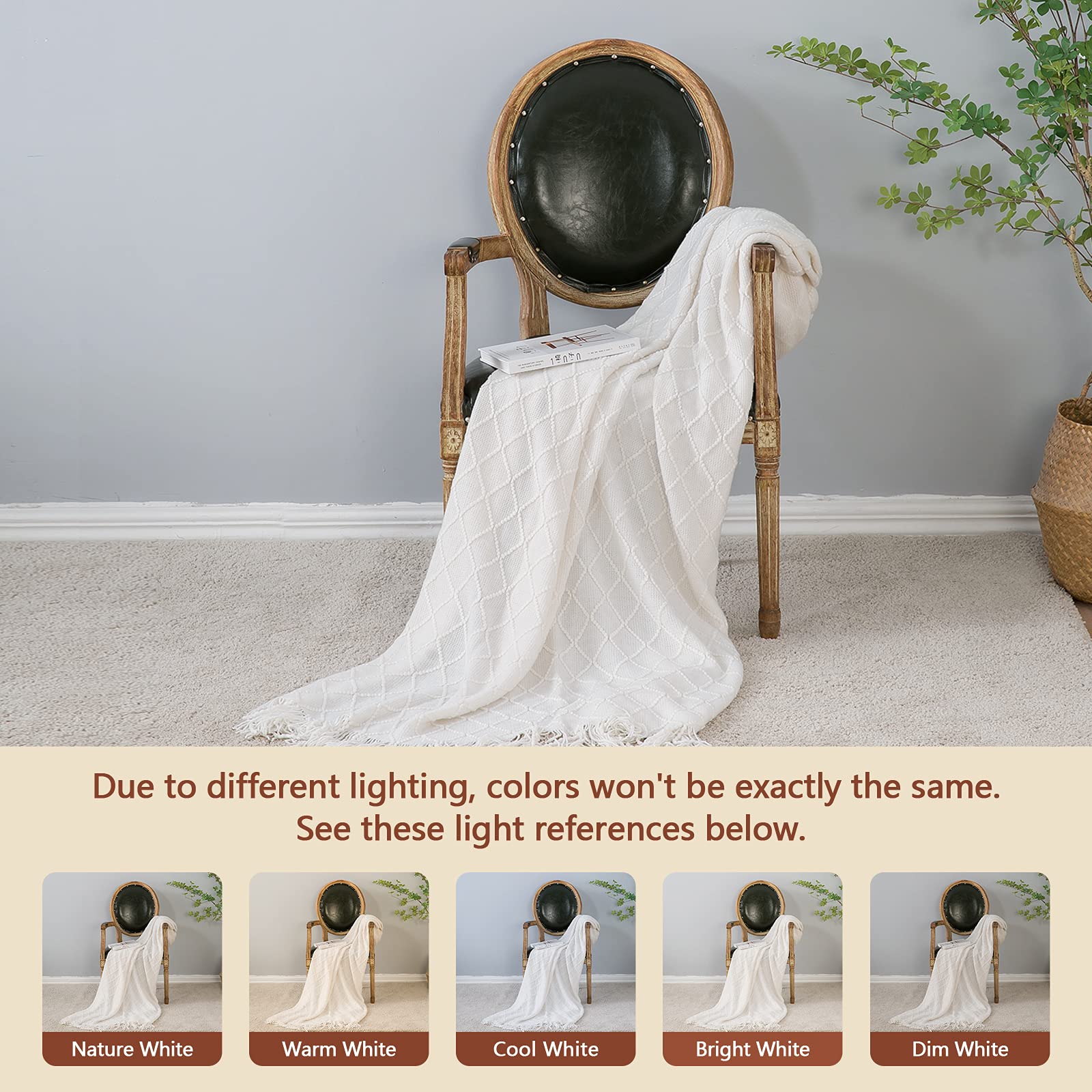 inhand Knitted Throw Blankets for Couch and Bed, Soft Cozy Knit Blanket with Tassel, Off White Lightweight Decorative Blankets and Throws, Farmhouse Warm Woven Blanket for Men and Women, 50"x60"