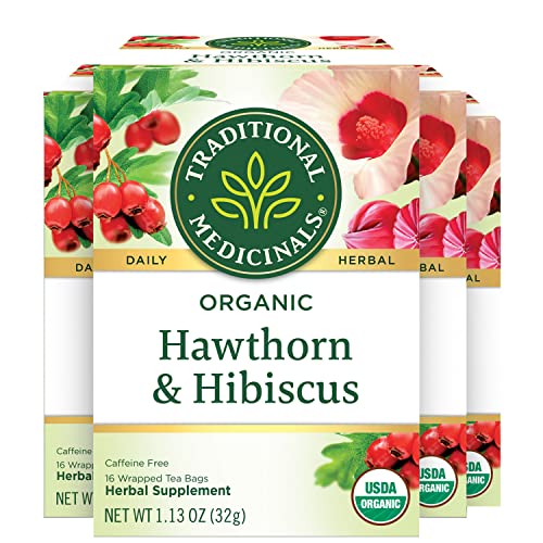 Traditional Medicinals Organic Hawthorn & Hibiscus Herbal Tea, Promotes Heart Health, (Pack of 4) - 64 Tea Bags Total