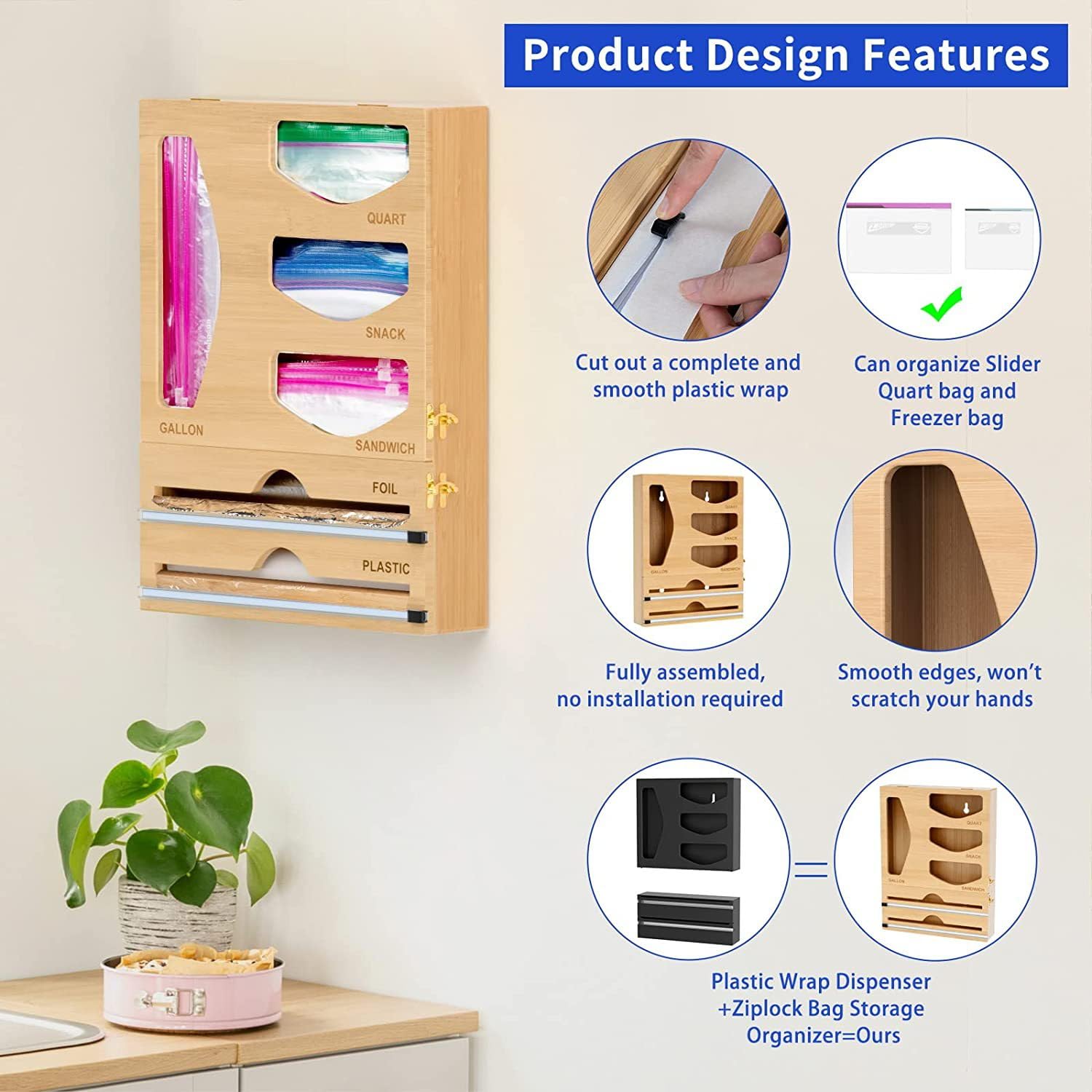 ZZ LIFE 6-in-1 Kitchen Drawer Organizer - Foil and Plastic Wrap Dispenser with Cutter, Ziplock Bag Storage for Gallon, Quart, Sandwich, and Snack Sizes - Organized Bamboo Storage For Home and Kitchen