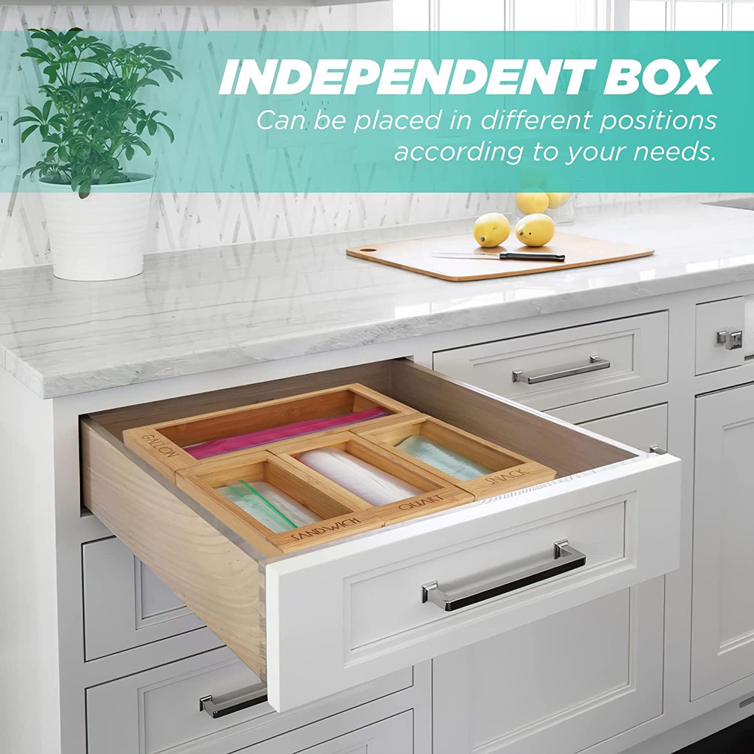 ZZ LIFE 6-in-1 Kitchen Drawer Organizer - Foil and Plastic Wrap Dispenser with Cutter, Ziplock Bag Storage for Gallon, Quart, Sandwich, and Snack Sizes - Organized Bamboo Storage For Home and Kitchen