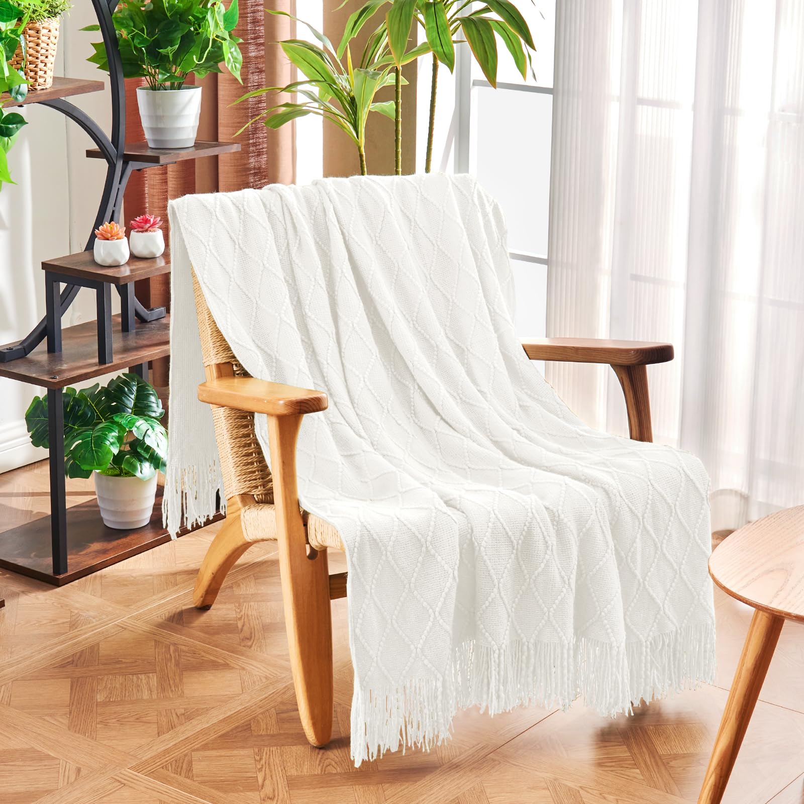 inhand Knitted Throw Blankets for Couch and Bed, Soft Cozy Knit Blanket with Tassel, Off White Lightweight Decorative Blankets and Throws, Farmhouse Warm Woven Blanket for Men and Women, 50"x60"