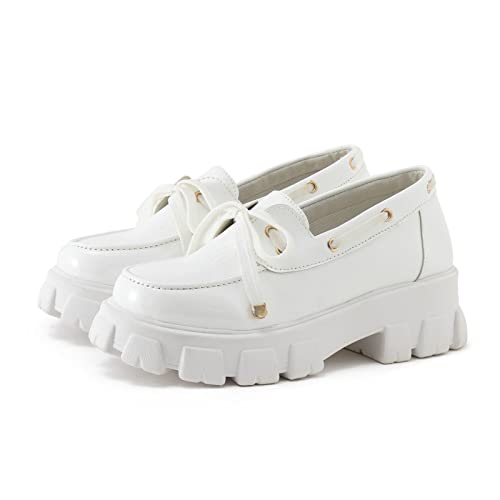 Ladies Fashion Solid Color Leather Bow Casual Single Shoes Round Toe Thick Soled Small Leather Shoes Women Shoes Wide Width Casual White