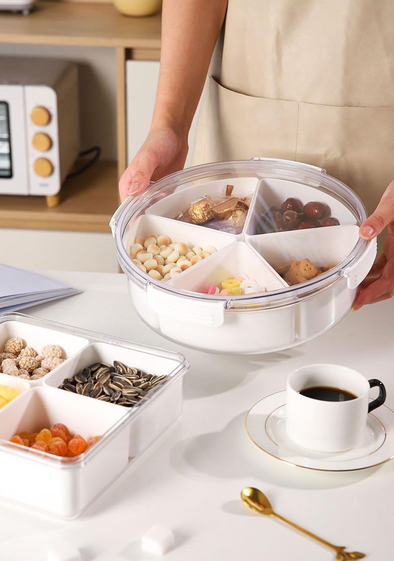 Lumista Divided Serving Tray with Lid, 5 Compartment Food Storage Containers, Picnic Serving tray for Home, Kitchen, Work and School