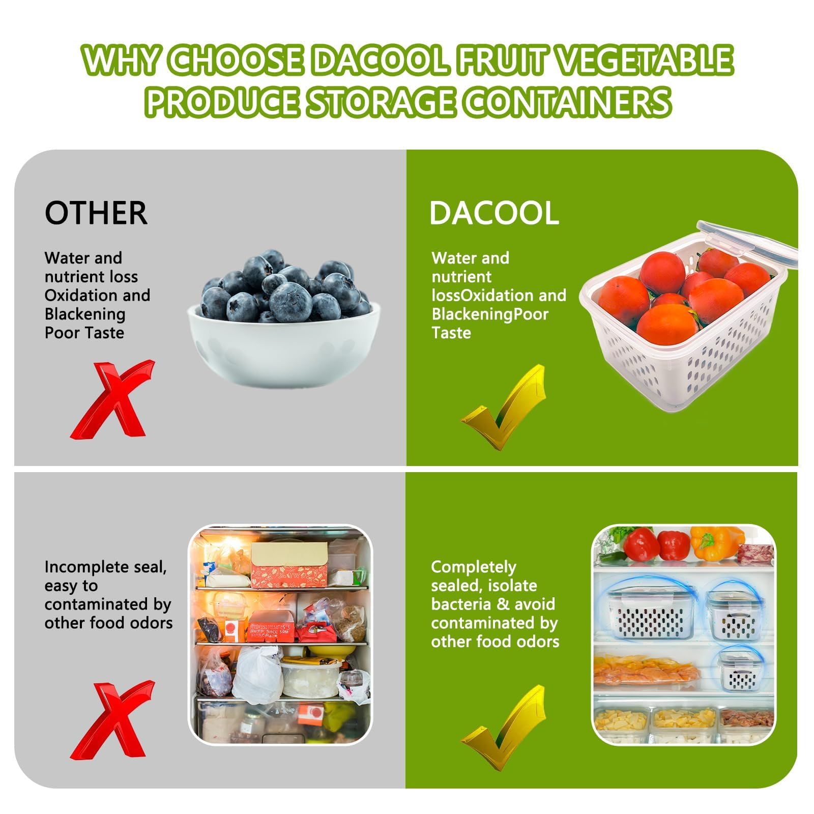 Xiureim 3 Pack Fruit Storage Containers for Fridge with Colanders, 4 in 1 Produce Saver Storage Containers, Airtight Food Storage Containers with Lids for Salad Berry Lettuce Vegetables Meat Keeper