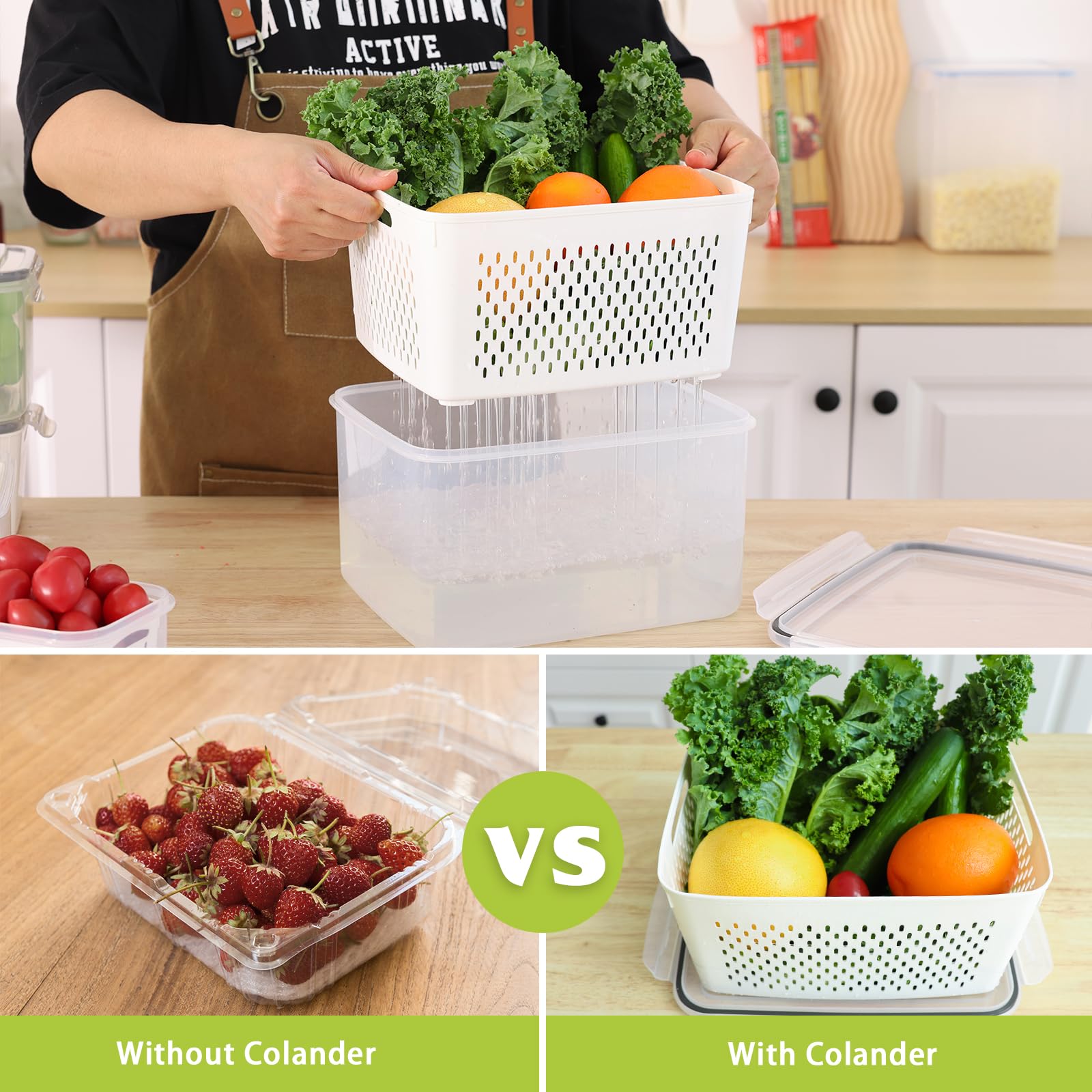 Moretoes 5pcs Fruit Containers for Fridge, Clear Berry Containers with Lid and Removable Colander Plastic Refrigerator Organizer for Food Fruits Lettuce Vegetables Berry Meat Kitchen Home