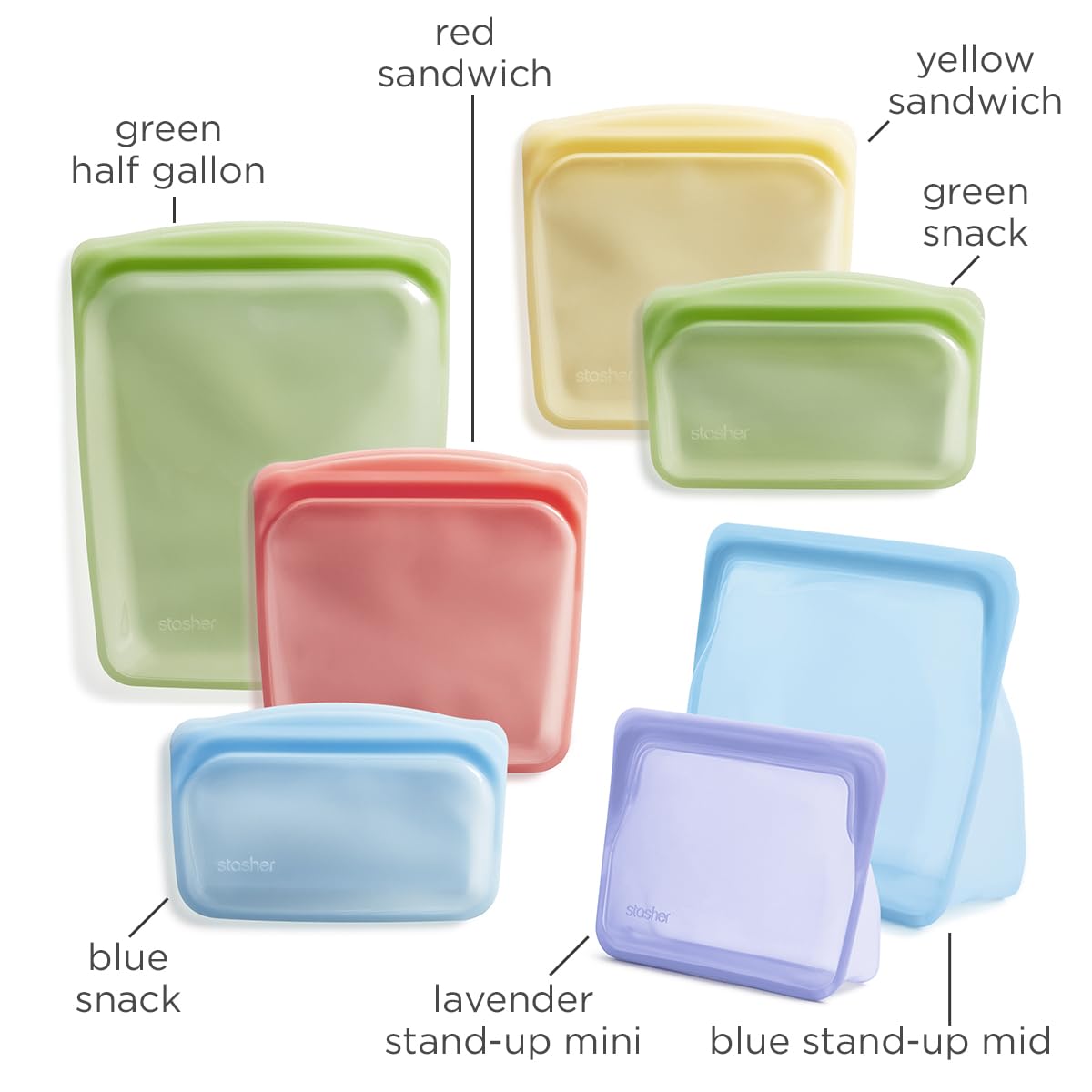 Stasher Premium Silicone Reusable Food Storage Bags, 7-Pack, Rainbow | Multi-Use Food Storage Bags, Lunch Bag, Travel Containers | BPA Free, Leak-free, Dishwasher-Safe, Eco-friendly