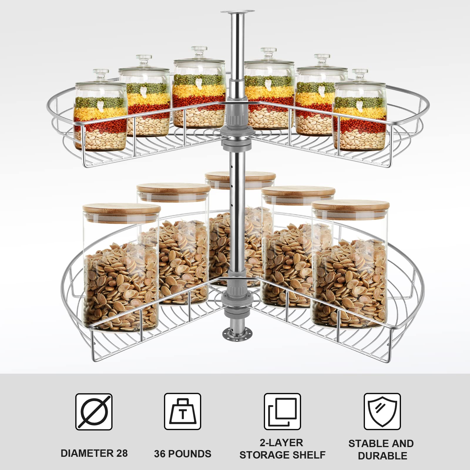 LIVOSA 32" Kidney Shaped Organizer Lazy Susan, 2-Shelf Stainless Steel Kitchen Kidney Shaped Organizer/Rotating Bask