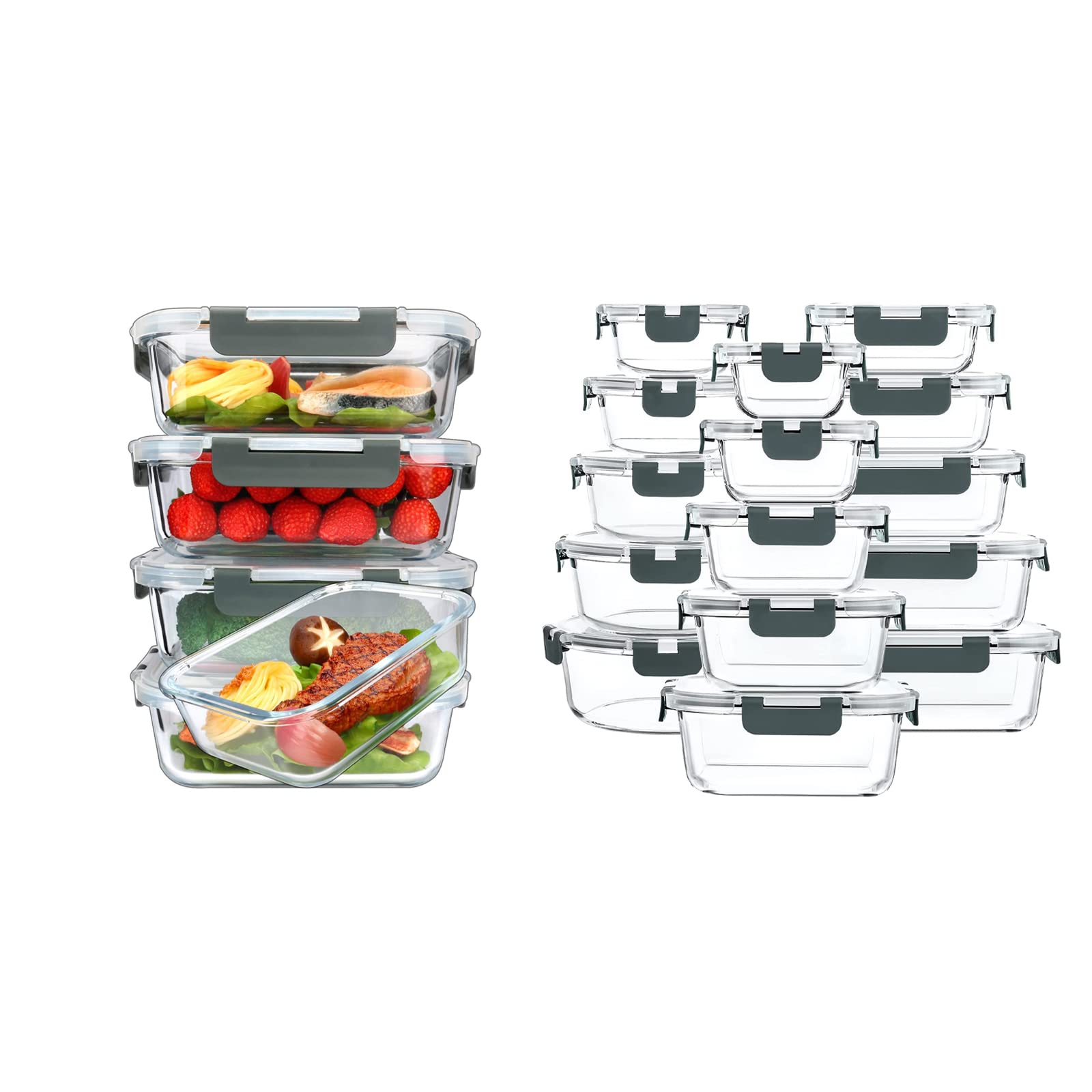 M MCIRCO 36oz Glass Meal Prep Containers set of 5 and 30Pcs Glass Food Storage Containers Set