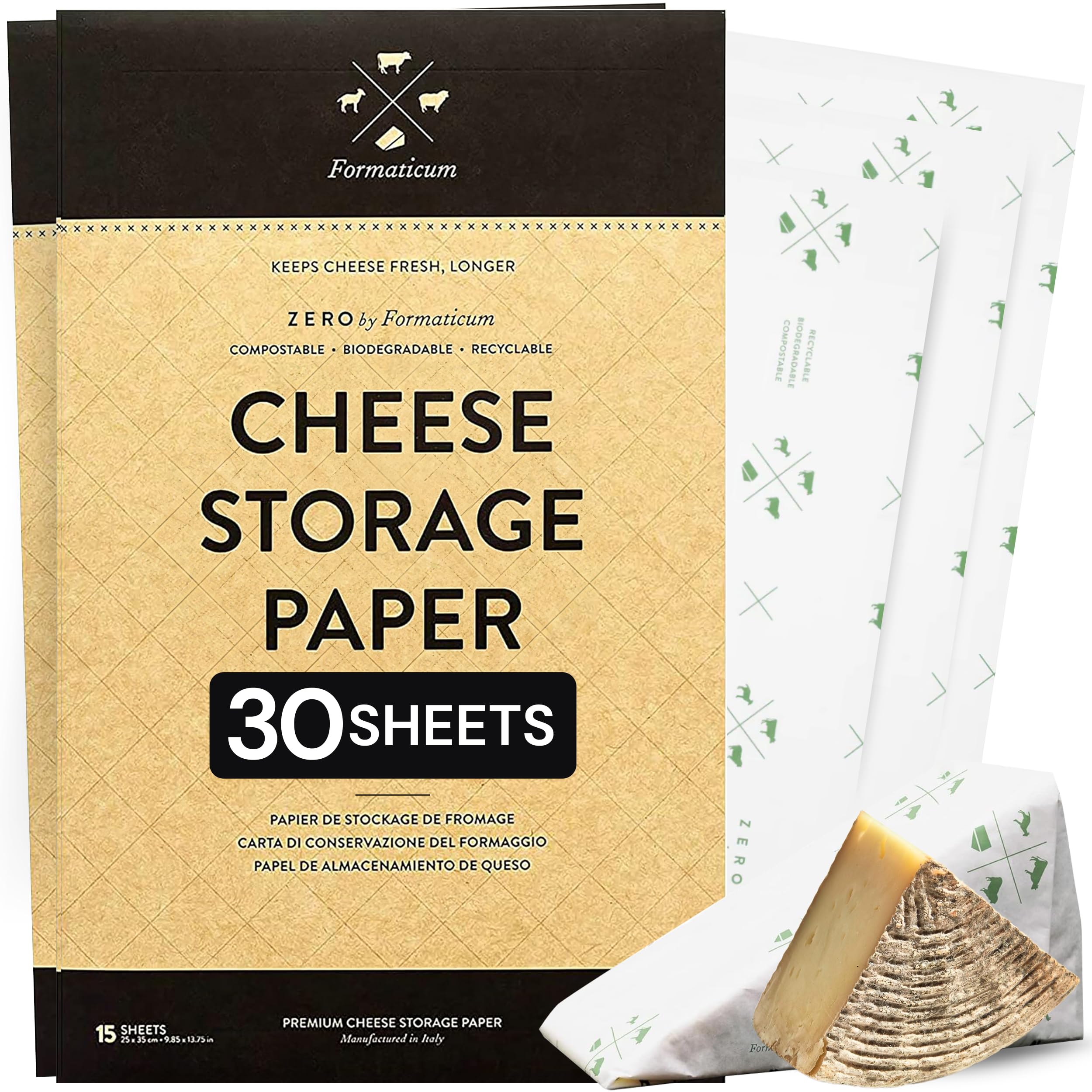Formaticum Zero Cheese Storage Paper, Compostable, Biodegradable, and Plastic-Free Paper to Keep Cheese and Charcuterie Fresh, 9 x 13 Inches, 30 Total Sheets (2 Boxes)