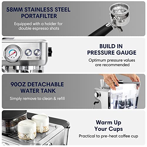 Espresso Machine with Grinder and Milk Frother, 20 Bar Semi Automatic Espresso Coffee Machine Latte and Cappuccino Coffee Maker All in One Espresso Machine For Home Barista, Brushed Stainless Steel