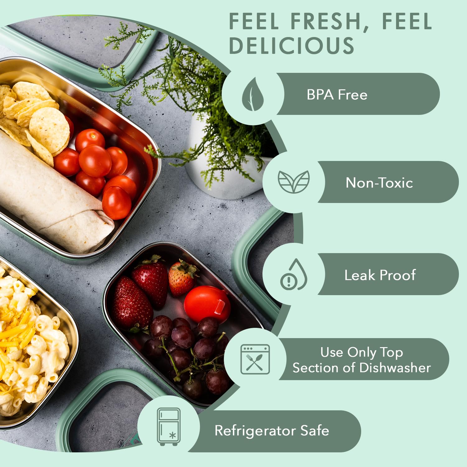 Easy Togo 3 Pack Stainless Steel Food Containers with Silicon Lid & Non-Slip Exterior, LeakProof, Airtight Rectangular Portion Control Storage Lunch Box, Togo Lunch Containers for Adults - Green