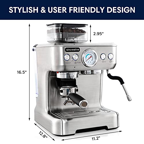 Espresso Machine with Grinder and Milk Frother, 20 Bar Semi Automatic Espresso Coffee Machine Latte and Cappuccino Coffee Maker All in One Espresso Machine For Home Barista, Brushed Stainless Steel