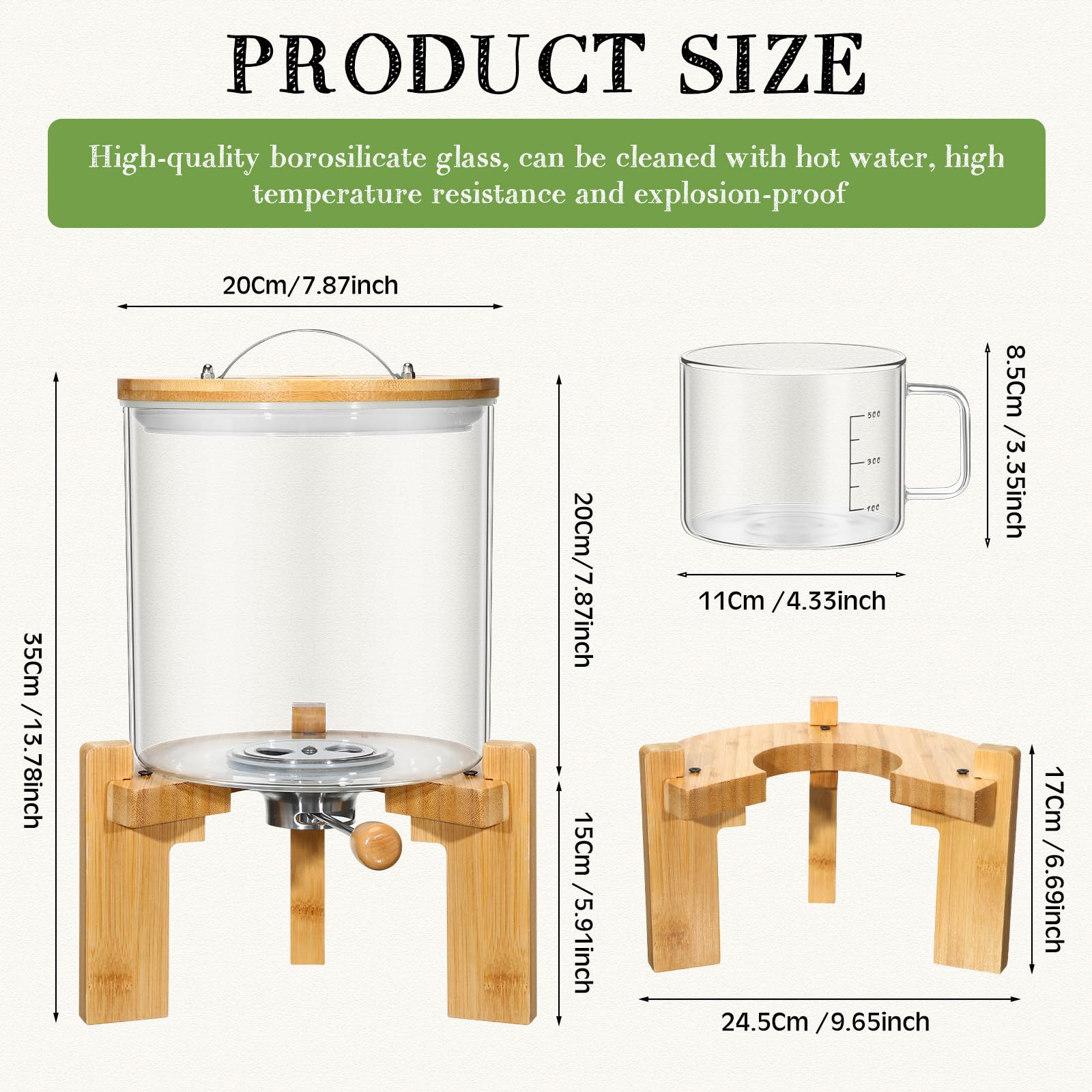 Zhehao 2 Pcs Glass Rice Dispenser 5L Flour Cereal Rice Storage Container Creative Rice Holder with Wooden Stand, Airtight Lid and Measuring Cup for Pantry Sugar Coffee Beans Kitchen Food Organization