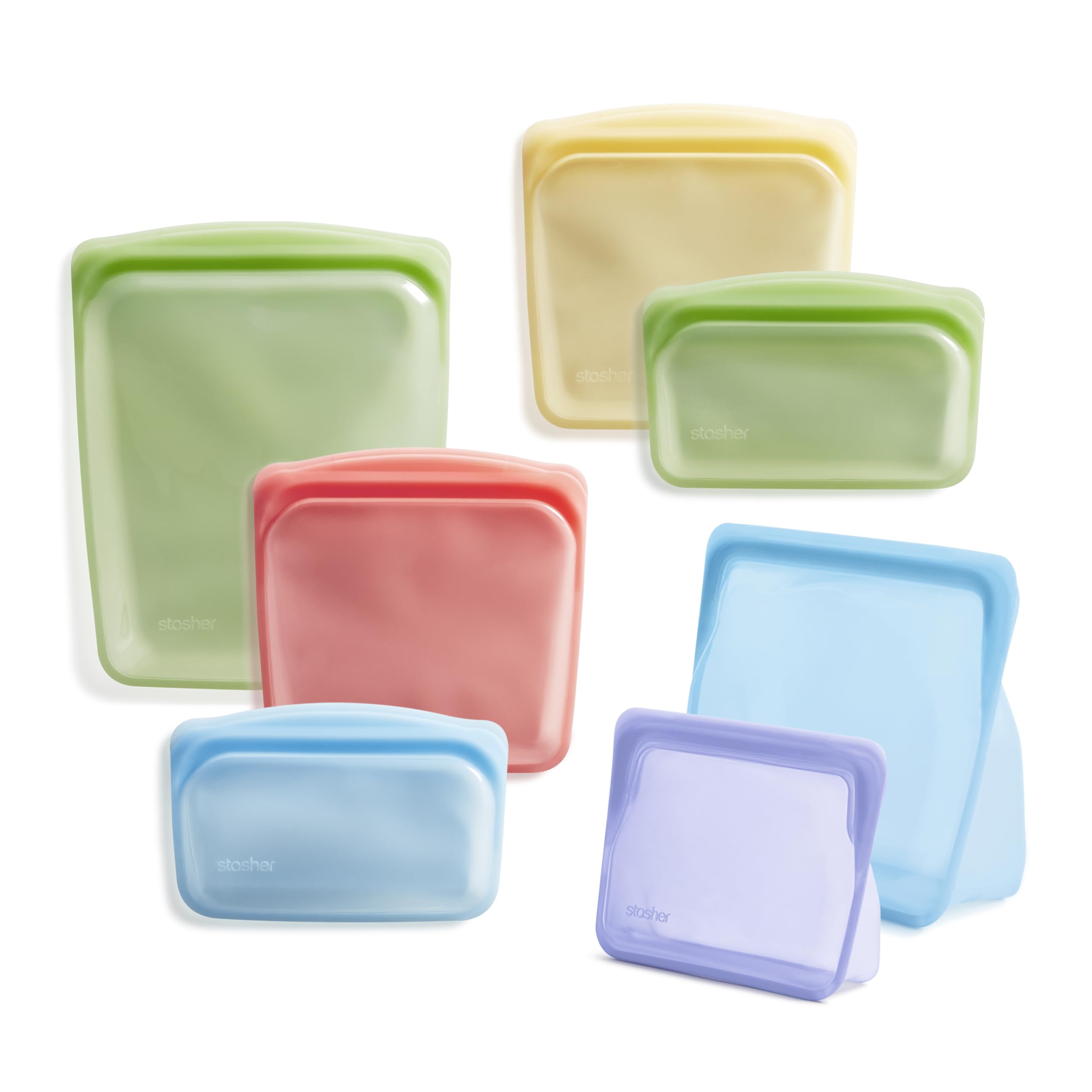 Stasher Premium Silicone Reusable Food Storage Bags, 7-Pack, Rainbow | Multi-Use Food Storage Bags, Lunch Bag, Travel Containers | BPA Free, Leak-free, Dishwasher-Safe, Eco-friendly