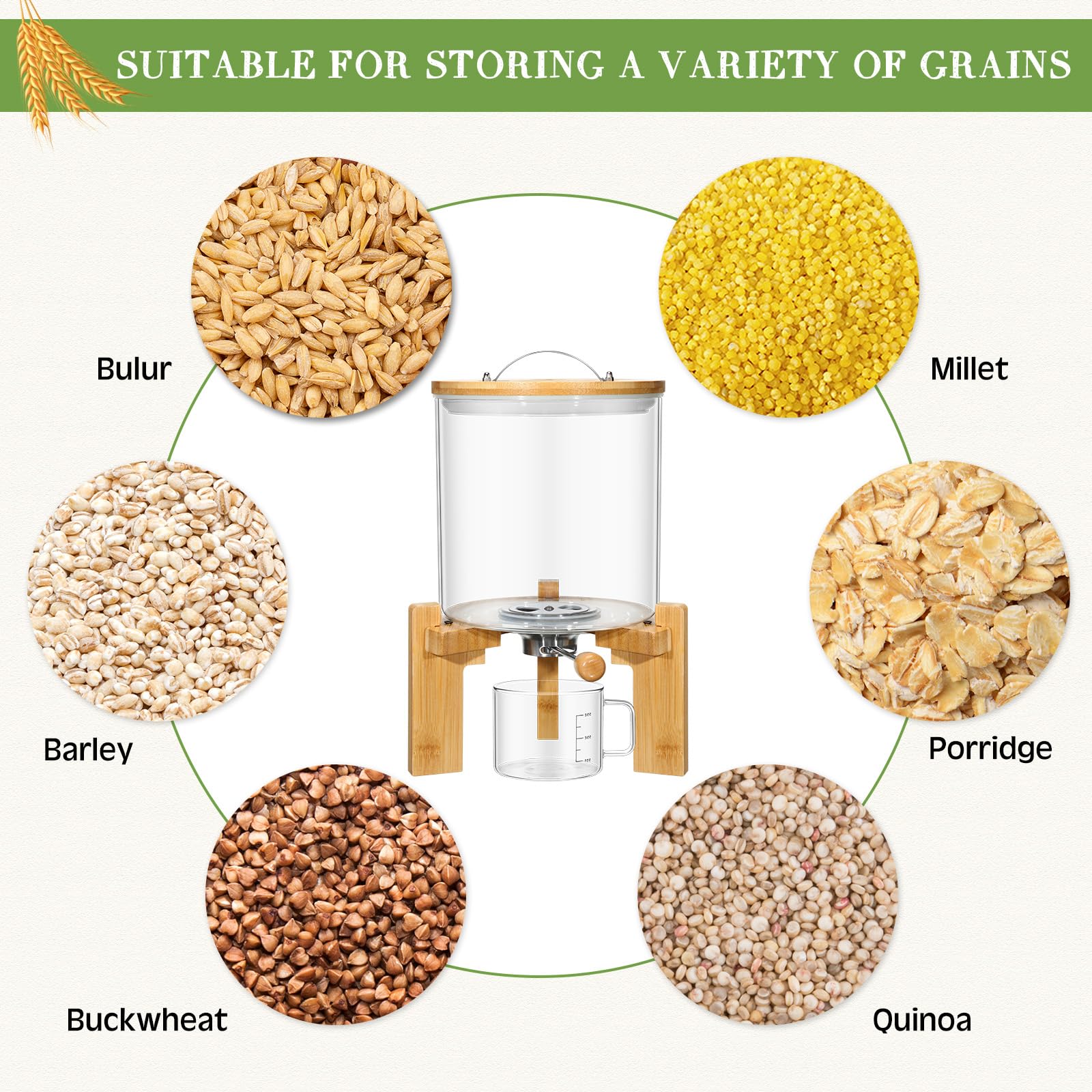 Zhehao 2 Pcs Glass Rice Dispenser 5L Flour Cereal Rice Storage Container Creative Rice Holder with Wooden Stand, Airtight Lid and Measuring Cup for Pantry Sugar Coffee Beans Kitchen Food Organization