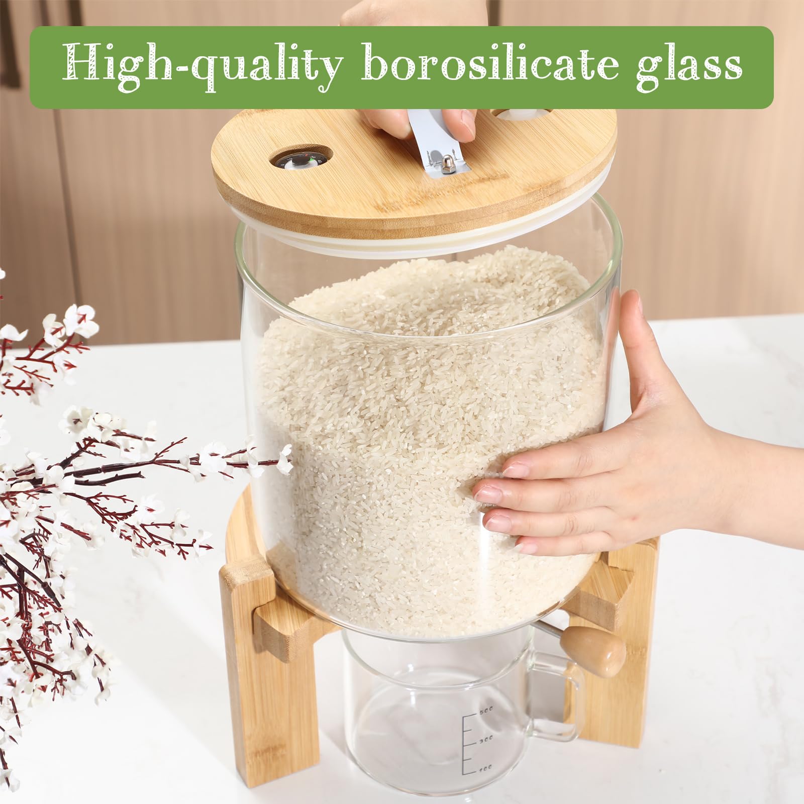 Zhehao 2 Pcs Glass Rice Dispenser 5L Flour Cereal Rice Storage Container Creative Rice Holder with Wooden Stand, Airtight Lid and Measuring Cup for Pantry Sugar Coffee Beans Kitchen Food Organization