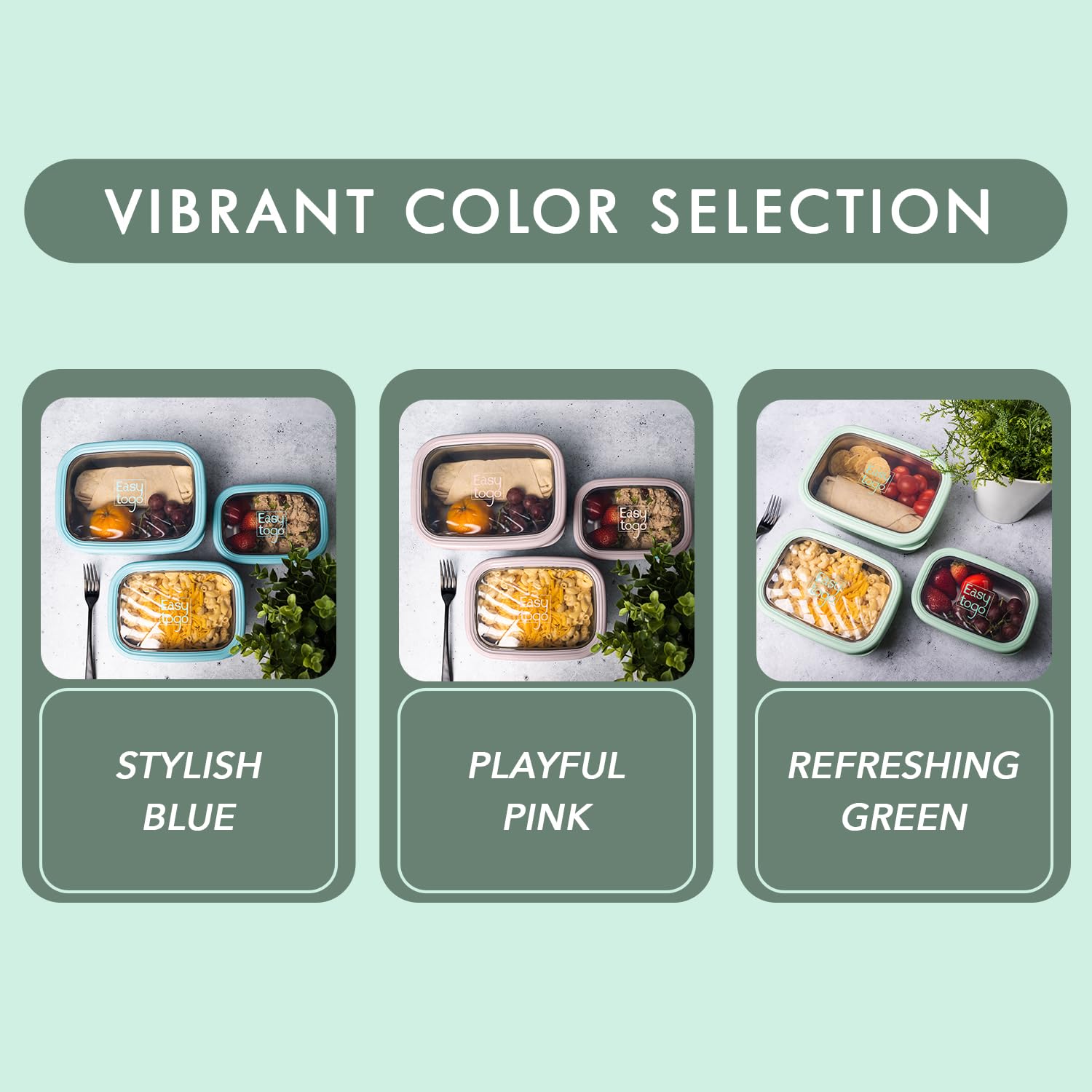 Easy Togo 3 Pack Stainless Steel Food Containers with Silicon Lid & Non-Slip Exterior, LeakProof, Airtight Rectangular Portion Control Storage Lunch Box, Togo Lunch Containers for Adults - Green