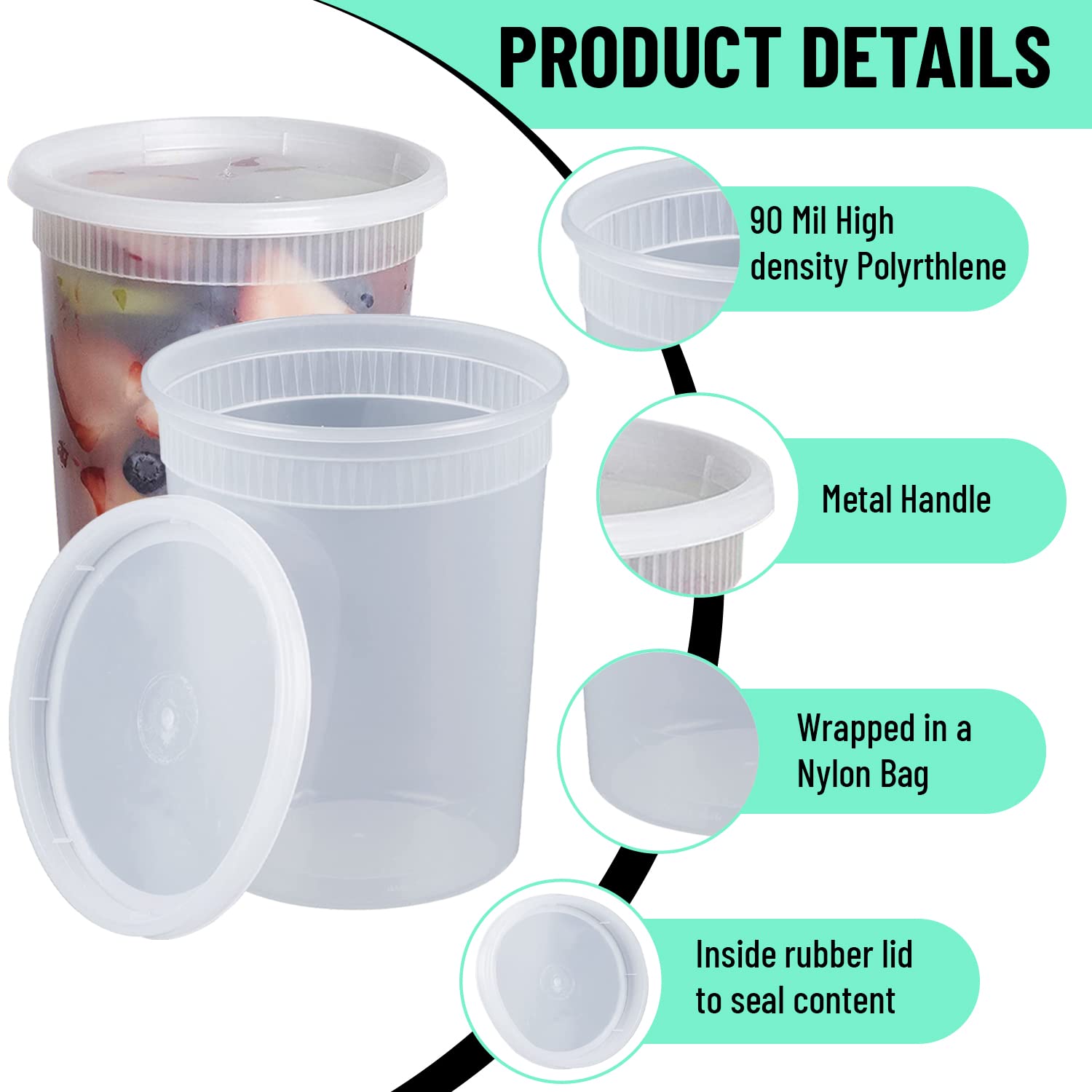 [24 Sets] 32 Oz. Plastic Deli Food Storage Containers with Airtight Lids, USA Heavy Duty, Slime, Soup, Meal Prep Containers | BPA Free | Stackable | Leakproof | Microwave/Dishwasher/Freezer Safe,