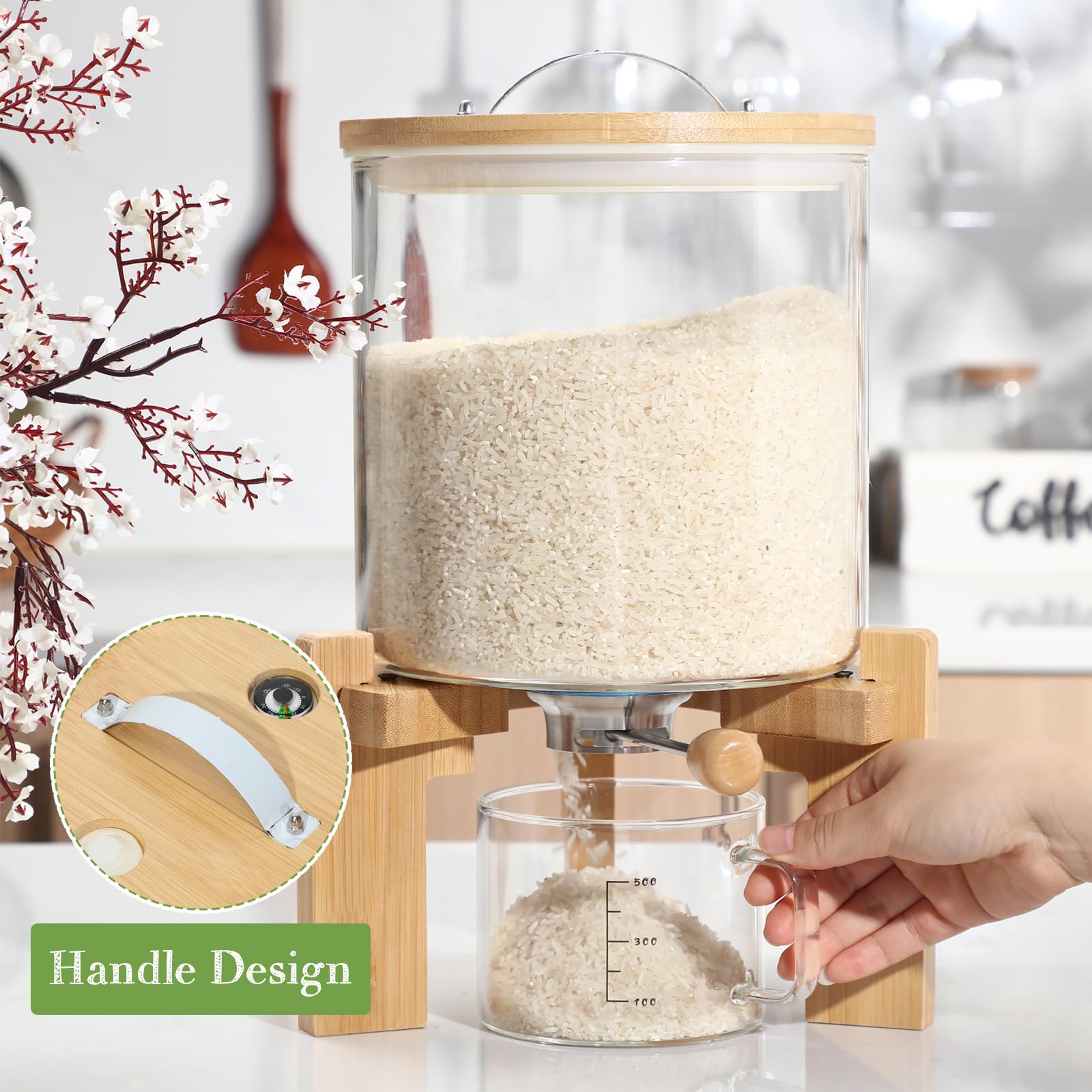 Zhehao 2 Pcs Glass Rice Dispenser 5L Flour Cereal Rice Storage Container Creative Rice Holder with Wooden Stand, Airtight Lid and Measuring Cup for Pantry Sugar Coffee Beans Kitchen Food Organization
