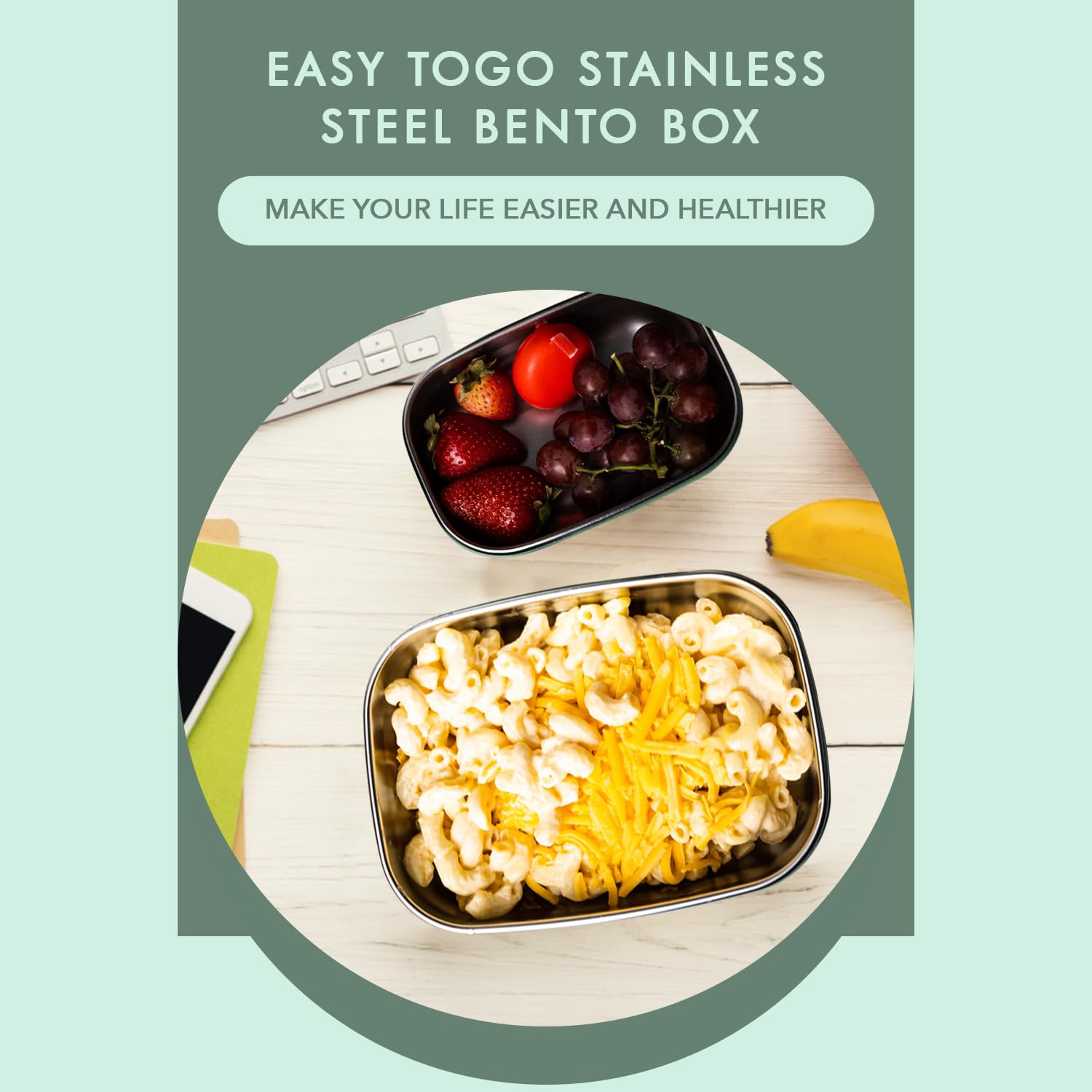 Easy Togo 3 Pack Stainless Steel Food Containers with Silicon Lid & Non-Slip Exterior, LeakProof, Airtight Rectangular Portion Control Storage Lunch Box, Togo Lunch Containers for Adults - Green