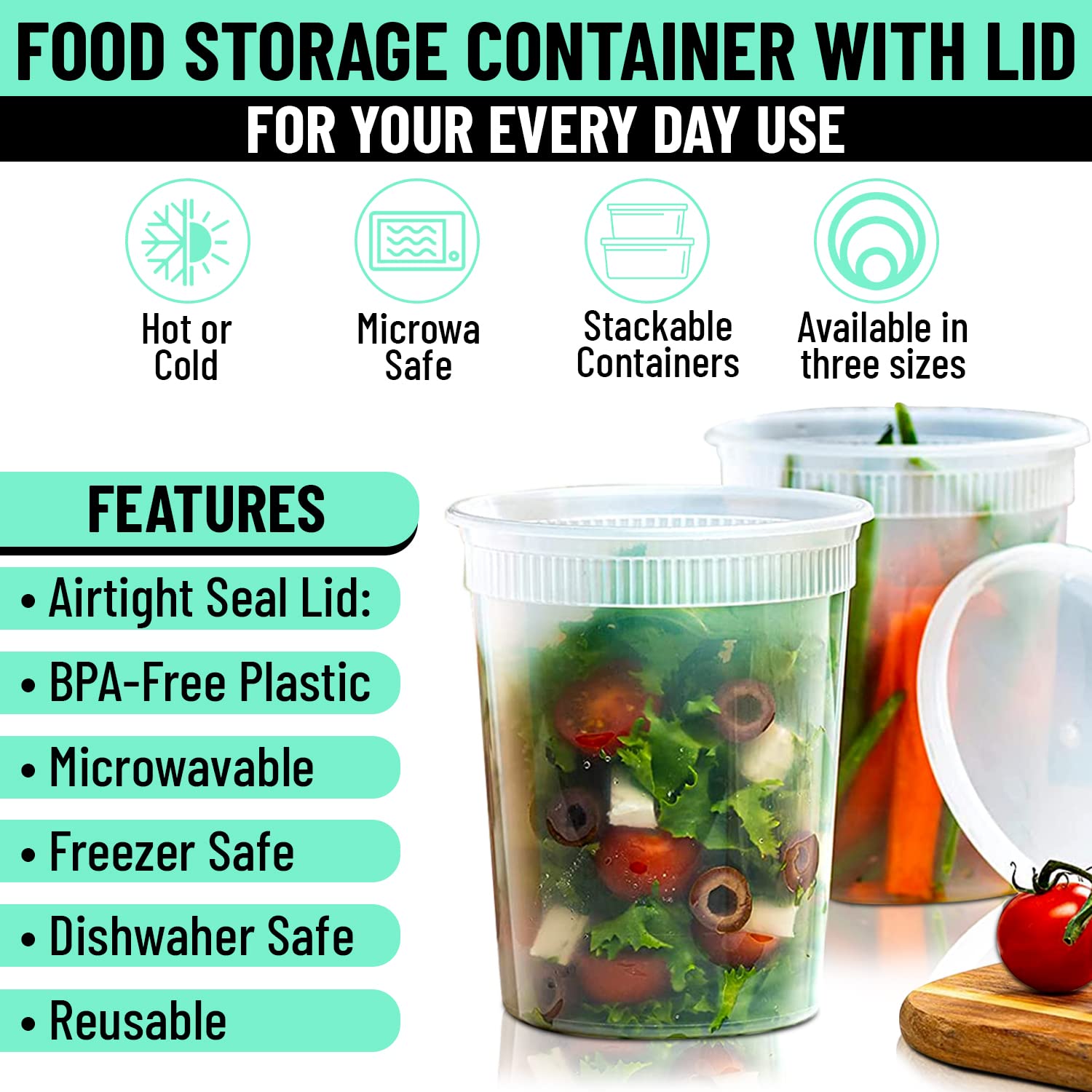 [24 Sets] 32 Oz. Plastic Deli Food Storage Containers with Airtight Lids, USA Heavy Duty, Slime, Soup, Meal Prep Containers | BPA Free | Stackable | Leakproof | Microwave/Dishwasher/Freezer Safe,