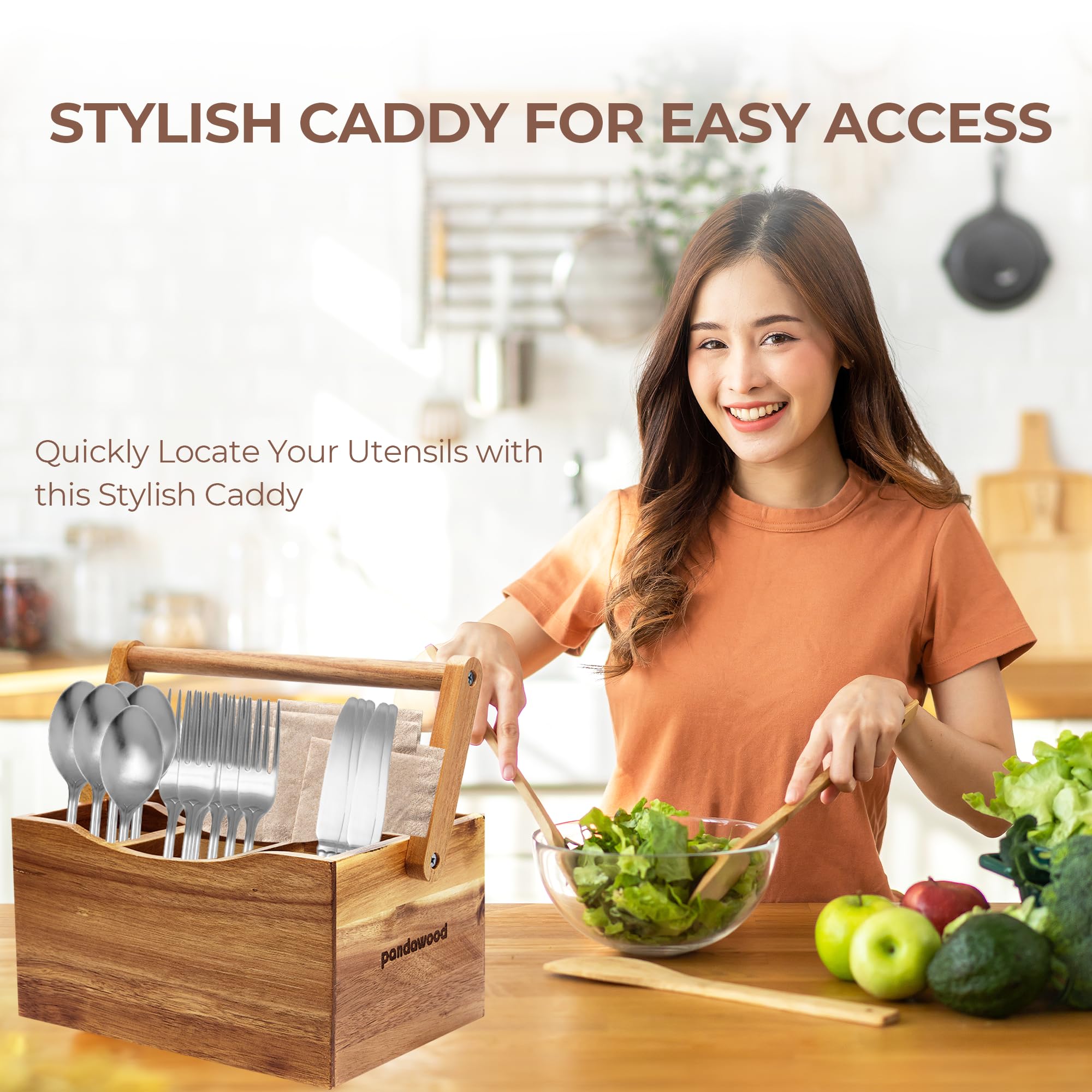 PANDAWOOD Acacia Wood Silverware Caddy - Outdoor Utensil Holder for Parties, Camping & Picnics