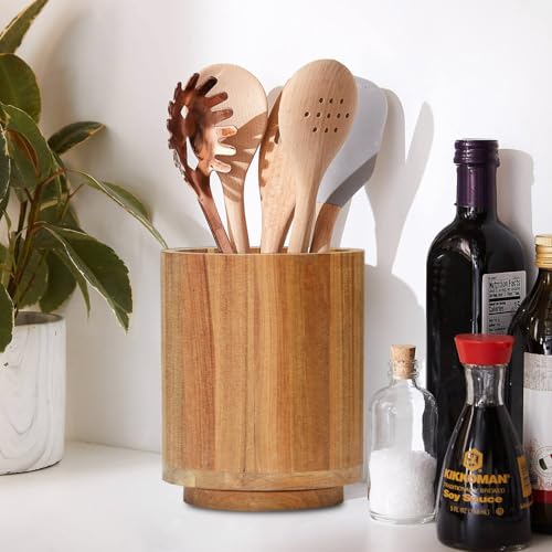 Acacia Wood Utensil Holder for Countertop 360° Rotating Cooking wooden Utensils Crock for Kitchen Counter Farmhouse Spatula Holder Kitchen Utensil Storage Organizer Storage Caddy