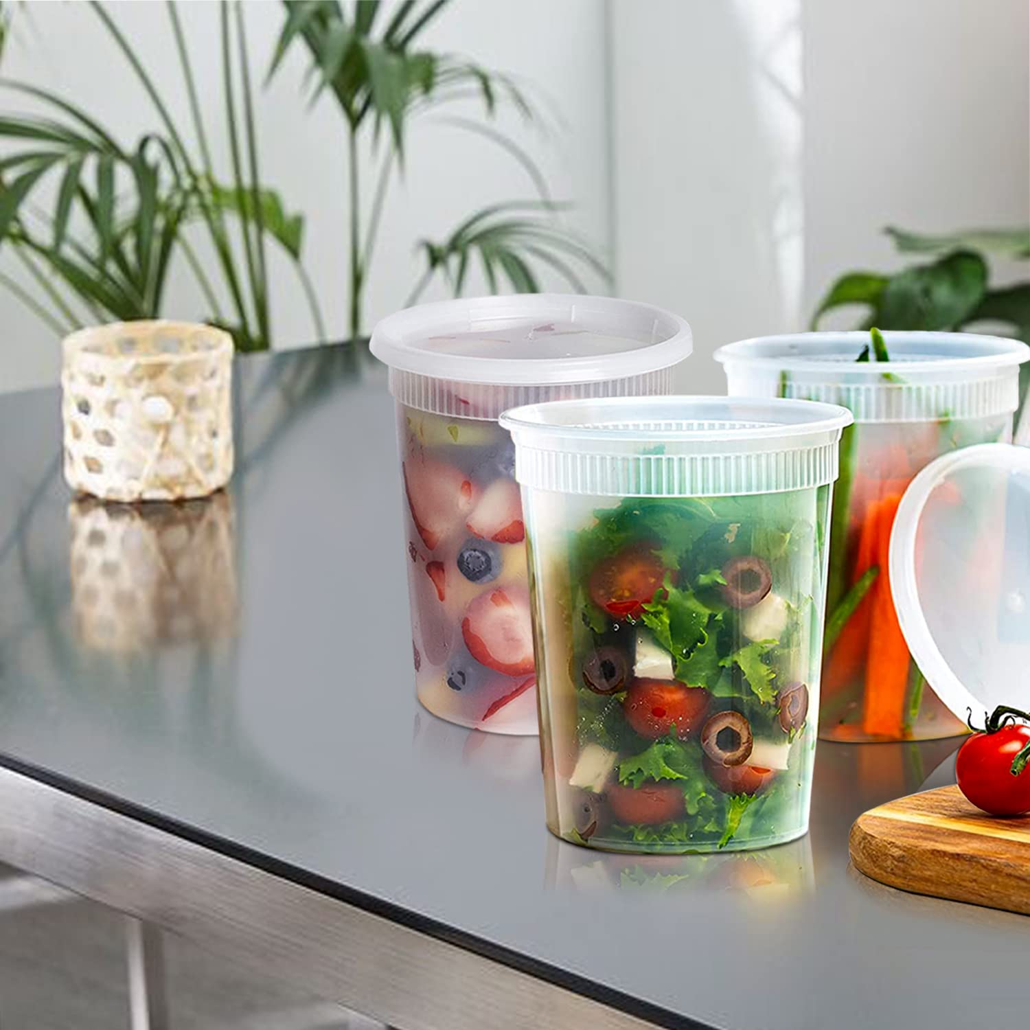 [24 Sets] 32 Oz. Plastic Deli Food Storage Containers with Airtight Lids, USA Heavy Duty, Slime, Soup, Meal Prep Containers | BPA Free | Stackable | Leakproof | Microwave/Dishwasher/Freezer Safe,
