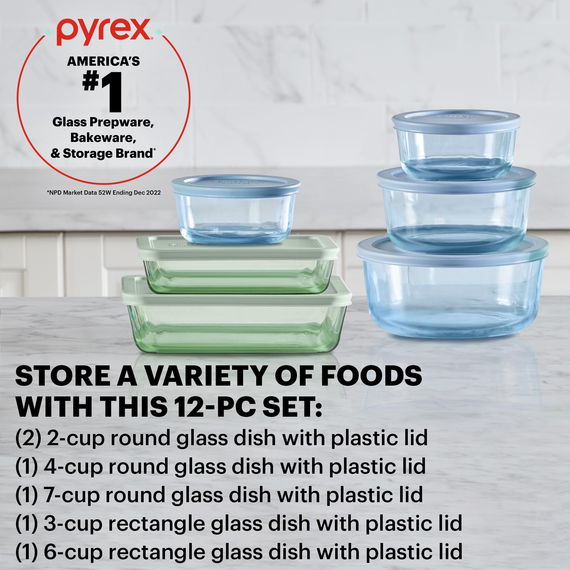 Pyrex Colors (6-Pack, Full Set) Tinted Glass Food Storage Container Set, Snug Fit Non-Toxic Plastic BPA-Free Lids, Freezer Dishwasher Microwave Safe, 3 Cup, 6 Cup & 11