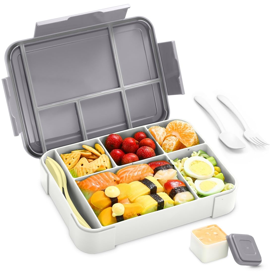 LOVINA Bento Box for Adult Kids, Stylish Teens Adult Lunchable Snack Containers With 5 Compartments, Durable, Microwave/Dishwasher Safe, BPA-Free, Perfect for On-the-Go Meal(Solid Grey)