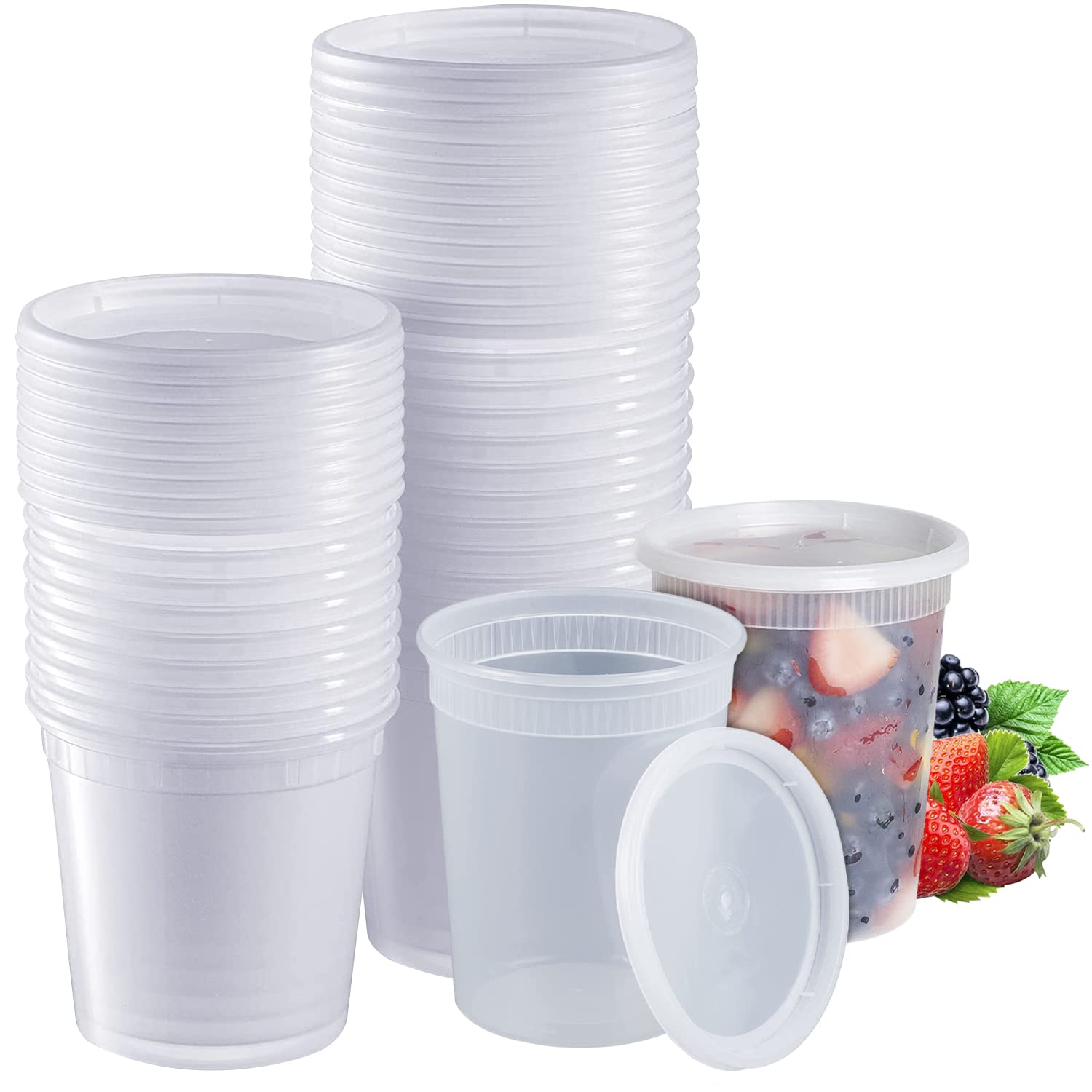 [24 Sets] 32 Oz. Plastic Deli Food Storage Containers with Airtight Lids, USA Heavy Duty, Slime, Soup, Meal Prep Containers | BPA Free | Stackable | Leakproof | Microwave/Dishwasher/Freezer Safe,