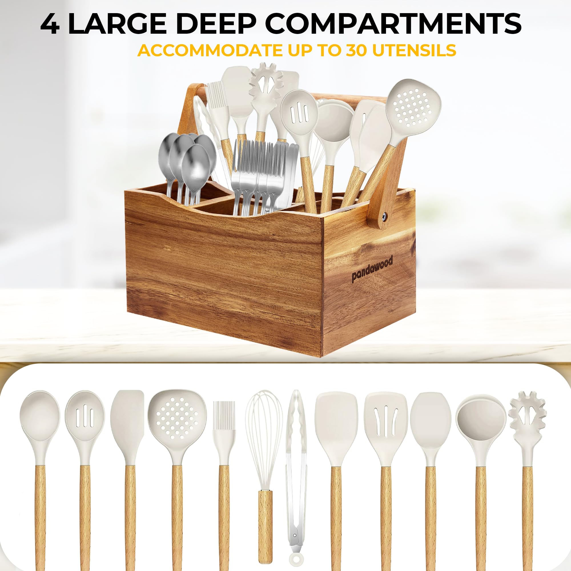 PANDAWOOD Acacia Wood Silverware Caddy - Outdoor Utensil Holder for Parties, Camping & Picnics