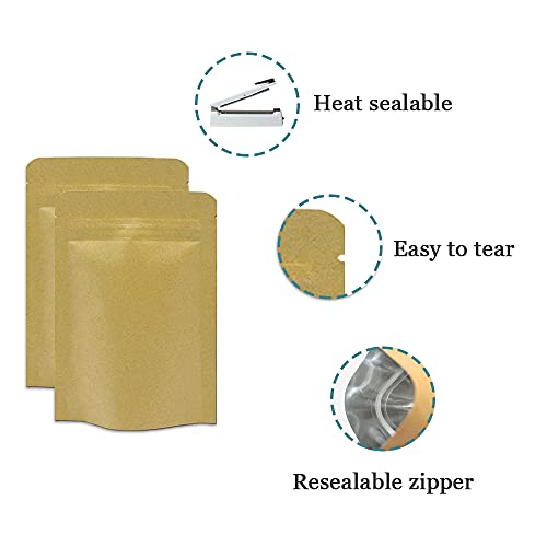 MITOB Mylar Bag Kraft Paper Foil Inner Self Standing Resealable Zipper Lock Pouch Food Stand Up Bags for Zip Packing Candy Biscuits Lock Food with Notch (200, 3.5x5.5 inch)
