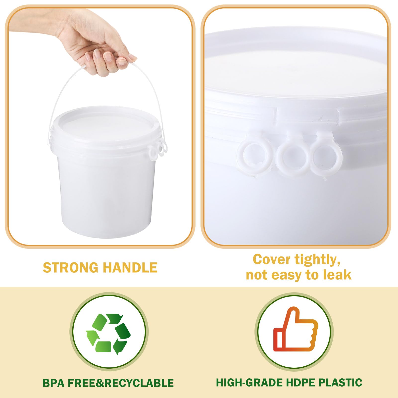 Uiifan 10 Pieces 0.5 Gallon 2 L Ice Cream Buckets with Lids Containers for Homemade Ice Cream Tub Round Plastic Bucket with Handle Food Storage Containers, Freezer, Dishwasher and Microwave Safe