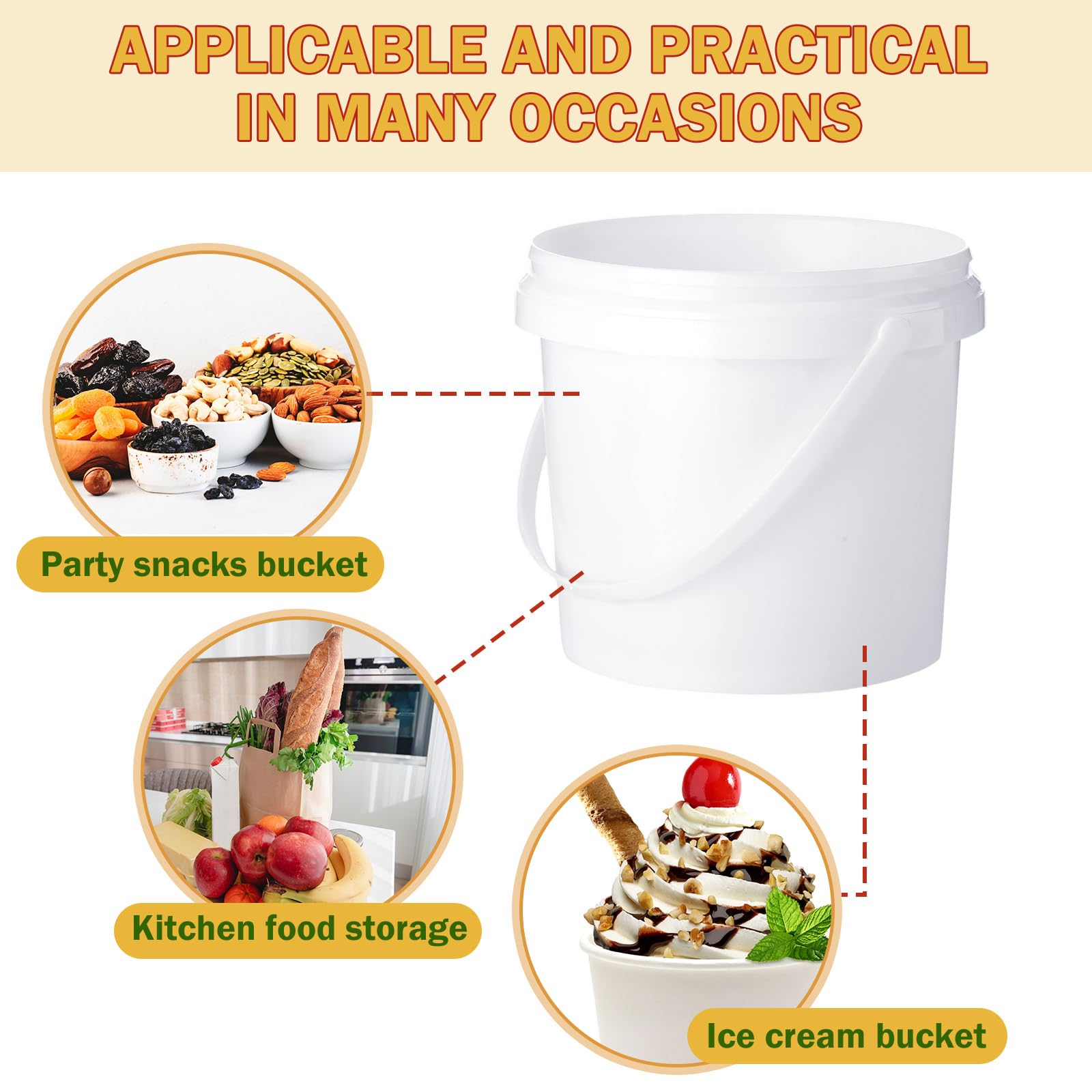Uiifan 10 Pieces 0.5 Gallon 2 L Ice Cream Buckets with Lids Containers for Homemade Ice Cream Tub Round Plastic Bucket with Handle Food Storage Containers, Freezer, Dishwasher and Microwave Safe