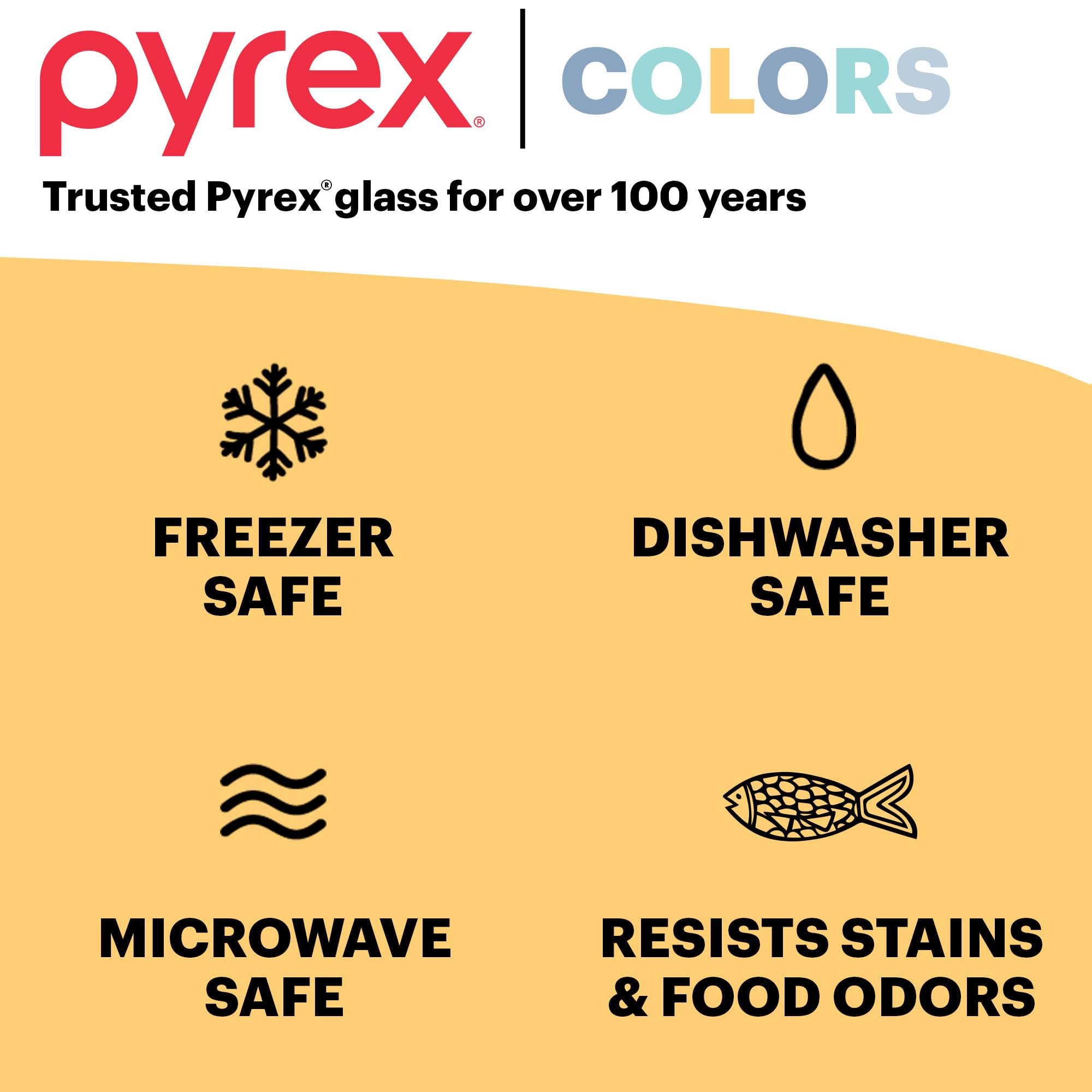 Pyrex Colors (6-Pack, Full Set) Tinted Glass Food Storage Container Set, Snug Fit Non-Toxic Plastic BPA-Free Lids, Freezer Dishwasher Microwave Safe, 3 Cup, 6 Cup & 11