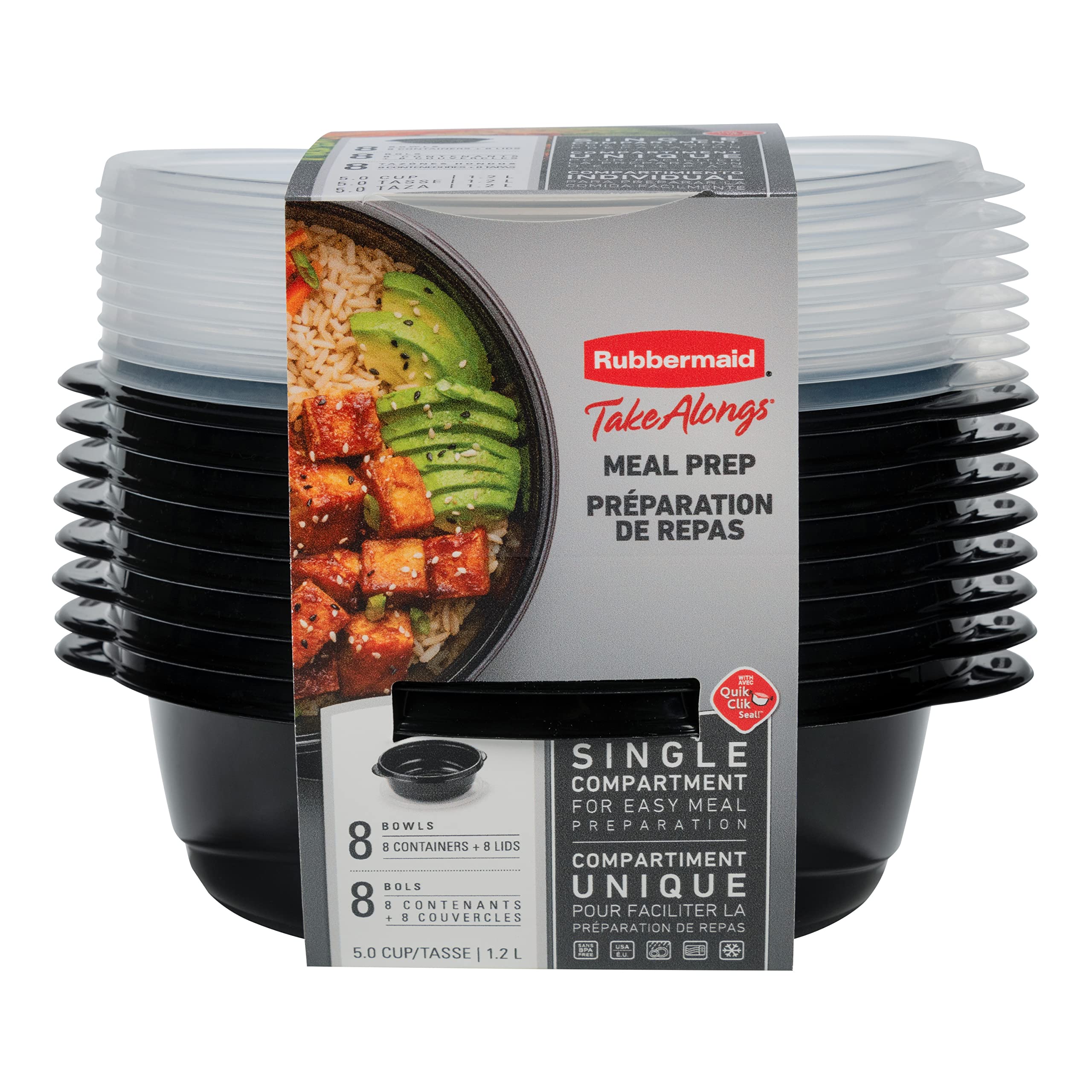 Rubbermaid TakeAlongs Food Storage Containers, 5 Cup, 8 Pack, Black