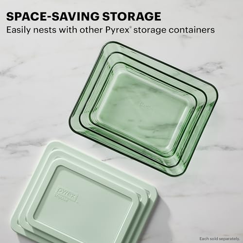 Pyrex Colors (11 Cup) Tinted Glass Large Rectangular Food Storage Container, Snug Fit Non-Toxic Plastic BPA-Free Lids, Freezer Dishwasher Microwave Safe, Green