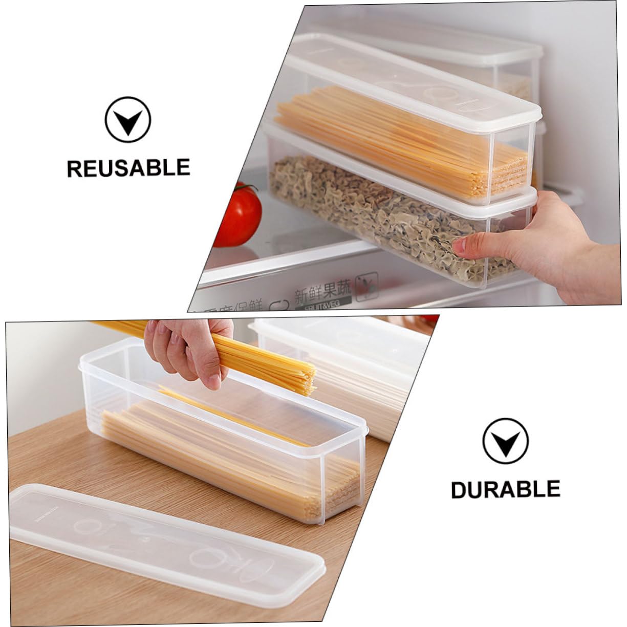 KICHOUSE 2Pcs Airtight Rectangular Pasta Noodle Storage Boxes Sealed Grains Canisters for Pantry and Refrigerator Organization for Spaghetti and Food Storage