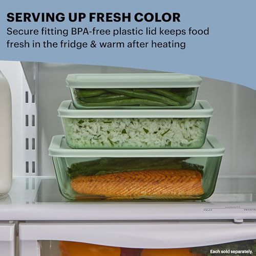 Pyrex Colors (11 Cup) Tinted Glass Large Rectangular Food Storage Container, Snug Fit Non-Toxic Plastic BPA-Free Lids, Freezer Dishwasher Microwave Safe, Green