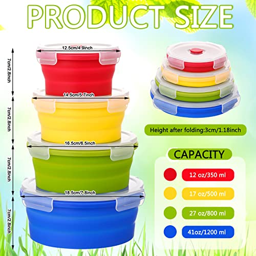 Nuenen Set of 8 Collapsible Food Storage Containers with Lids Silicone Flat Collapsible Bowls for Stacks Travel Camping Meal Prep Container for Kitchen, Freezer Microwave Dishwasher Safe (Round)