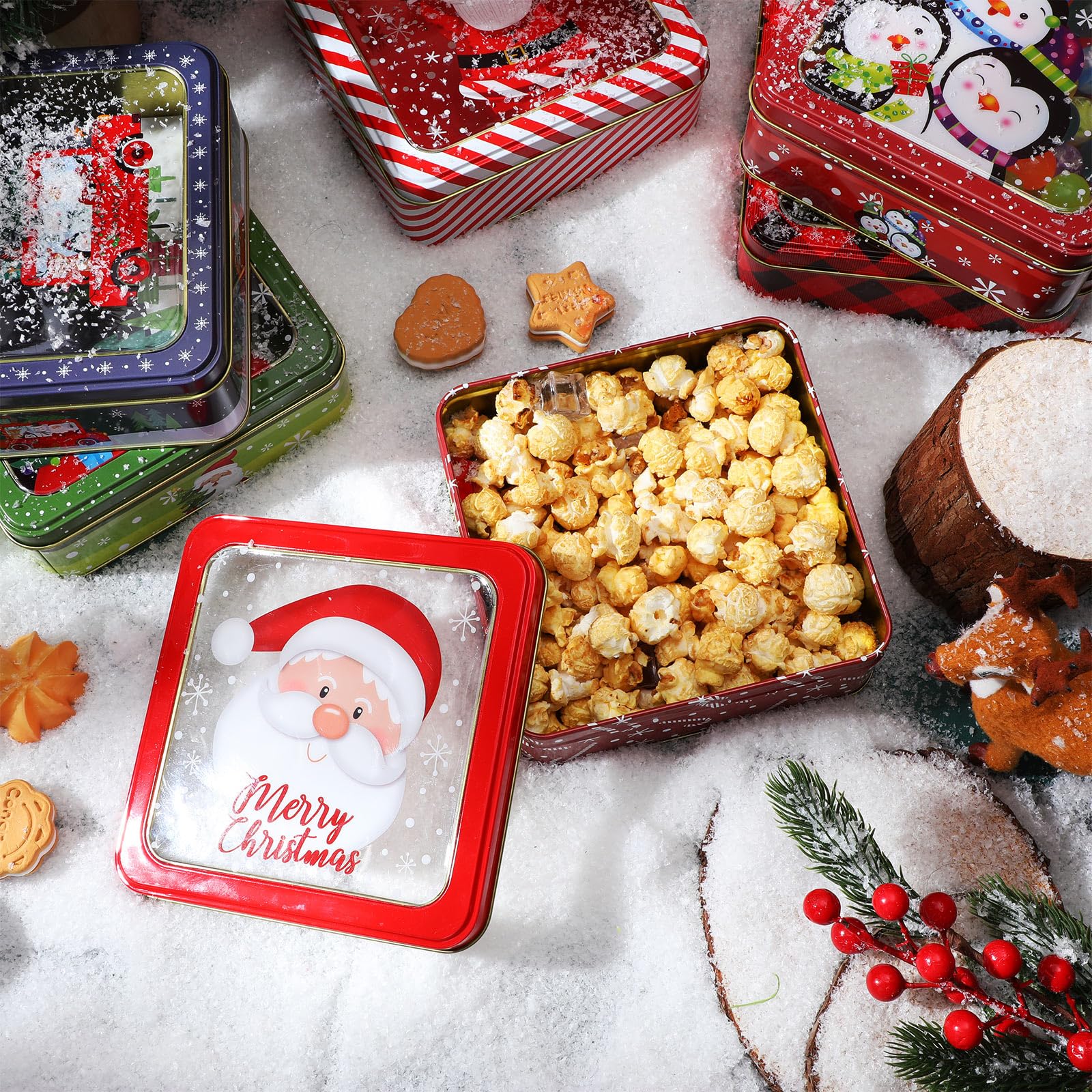 Tioncy 8 Pcs Christmas Cookie Tins with Lids Large Cookie Boxes Metal Empty Tins Santa Tinplate Xmas Gift Box for Christmas Holiday Candies Treats Storage Container