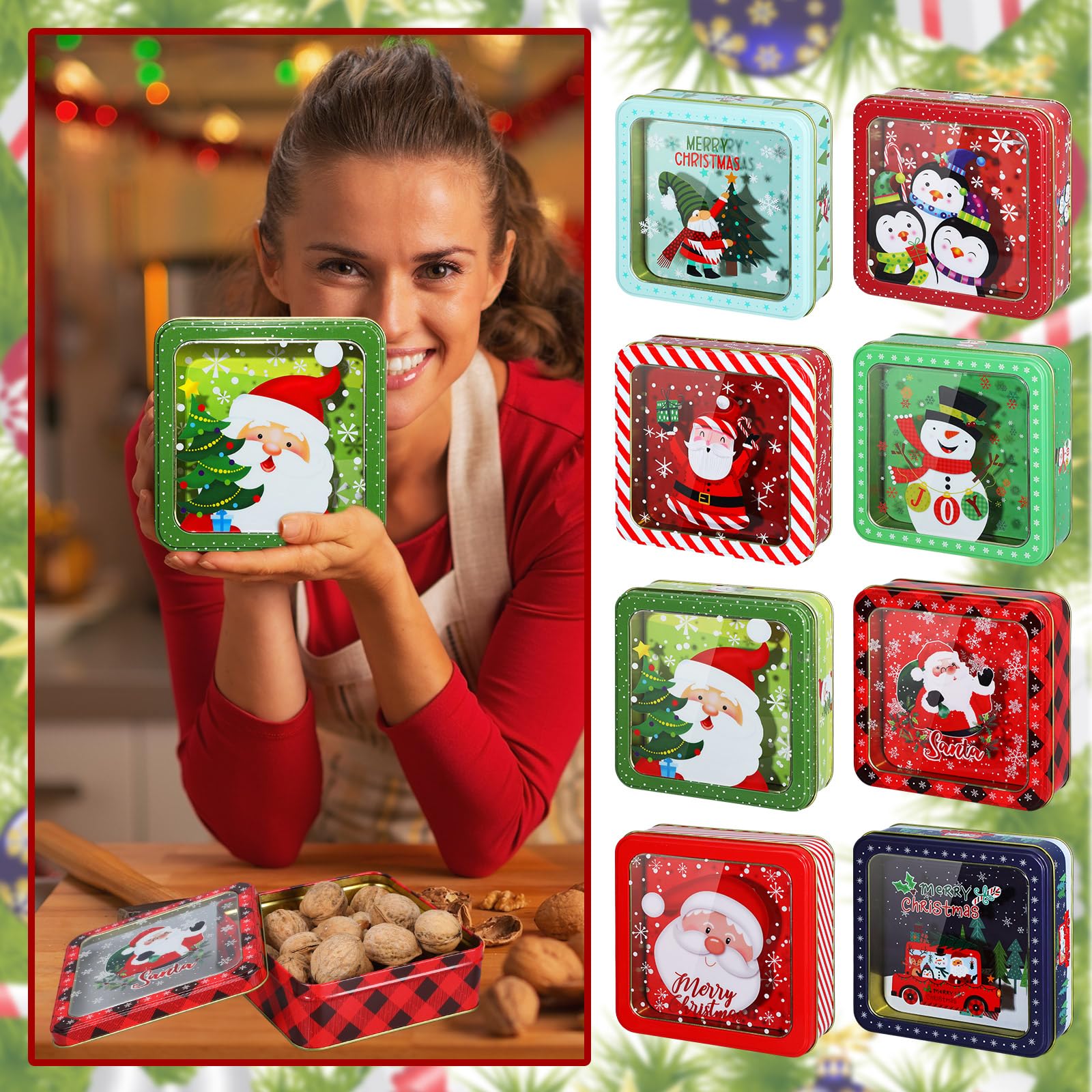 Tioncy 8 Pcs Christmas Cookie Tins with Lids Large Cookie Boxes Metal Empty Tins Santa Tinplate Xmas Gift Box for Christmas Holiday Candies Treats Storage Container