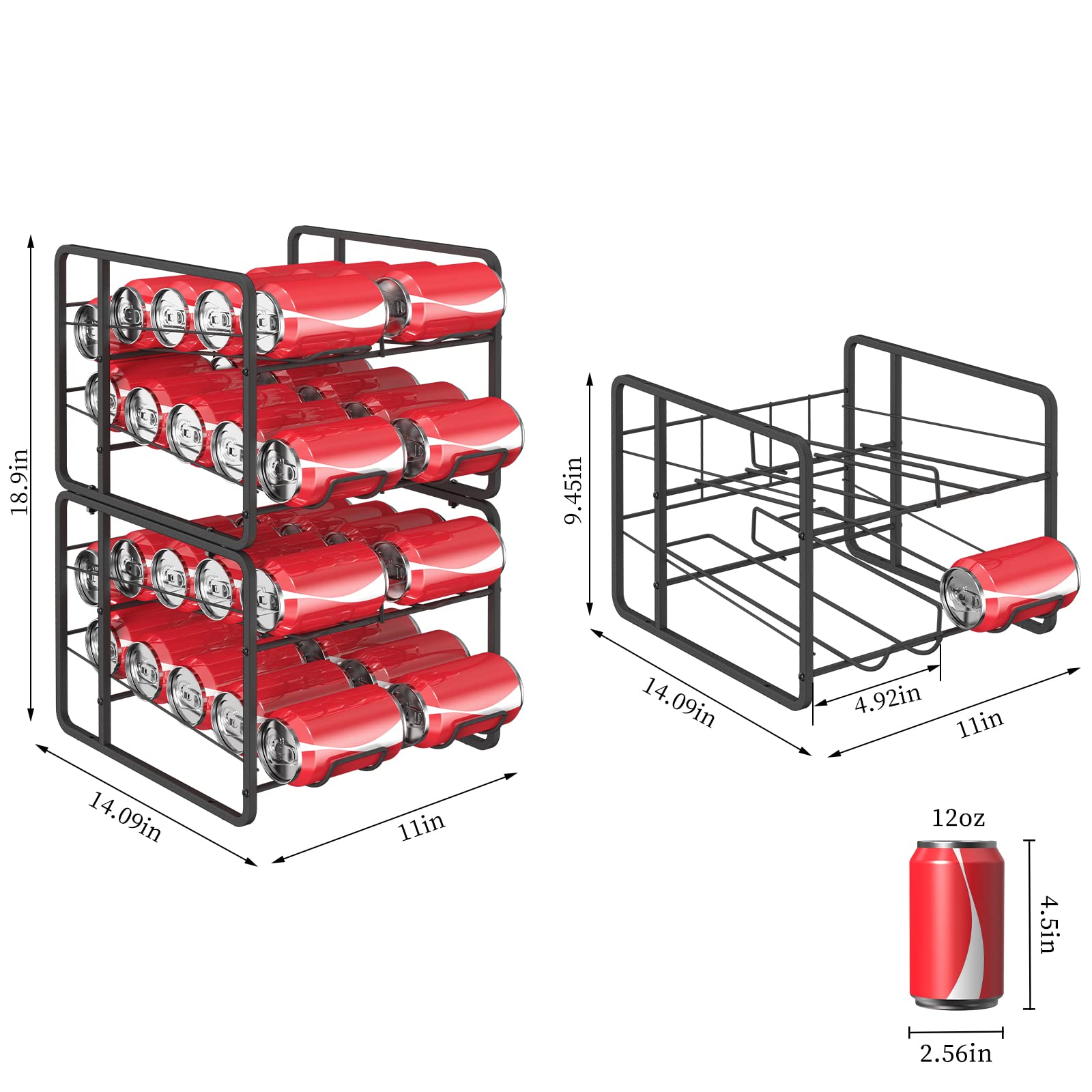 CASAVIDA 2-Tier Fridge Soda Can Organizer, Stackable Beverage Can Rack Dispenser Rolling Food Can Organizer Holder for Pantry Refrigerator Cabinet, Black
