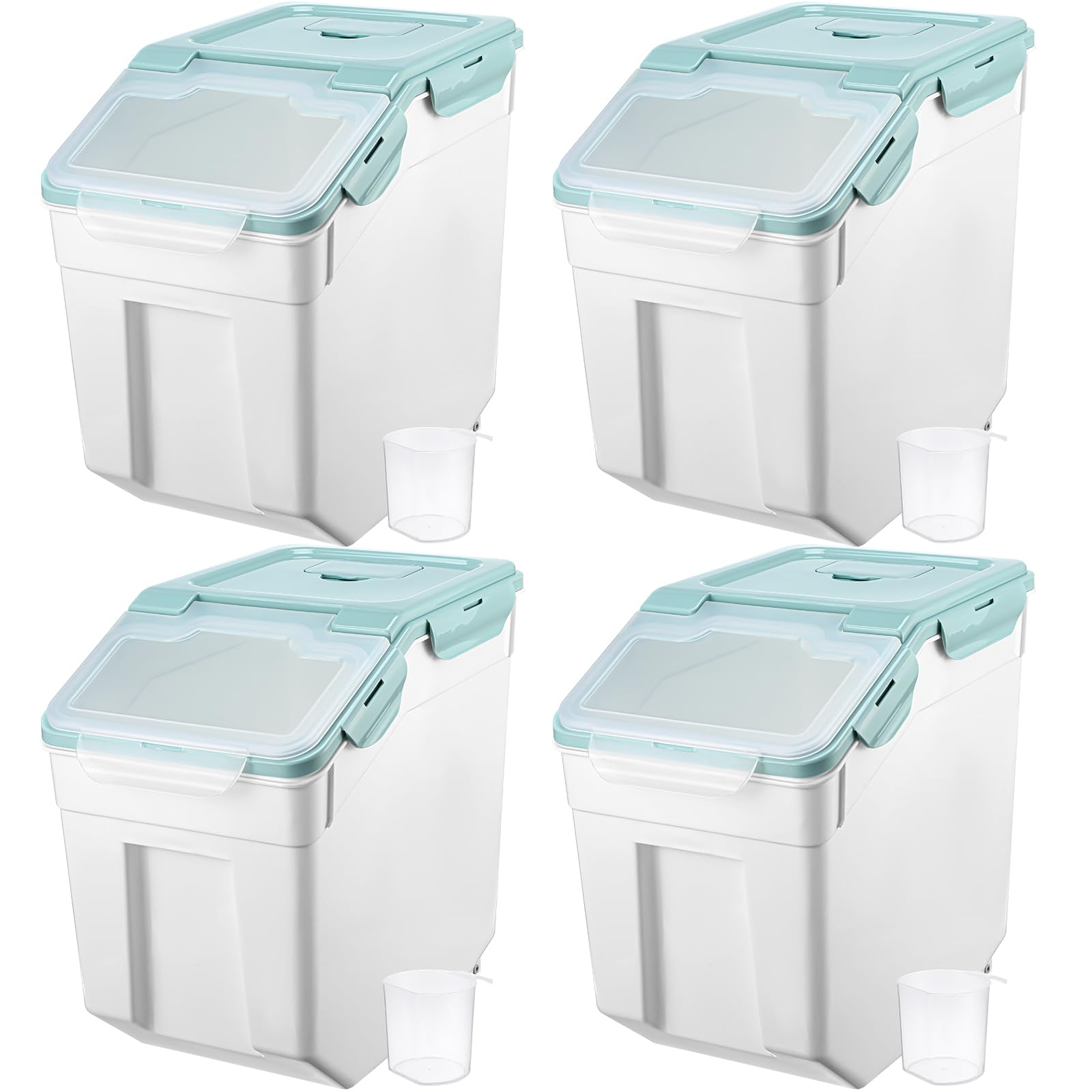 Sunnyray 4 Pcs 55 lbs Grain Rice Storage Container Blue Flour Bin with Wheels Cup Leak Proof Pet Food Storage Boxes Seal Locking Lid Plastic Rice Containers Set for Cereal Flour Cat Dog Food Kitchen