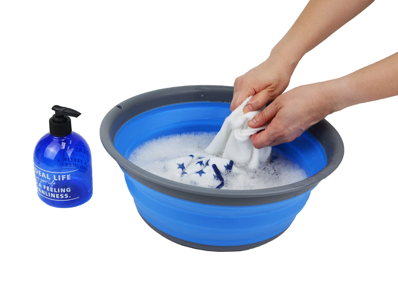 SAMMART 7.5L (1.98 Gallon) Collapsible Tub - Foldable Dish Tub - Portable Washing Basin - Space Saving Plastic Washtub (Grey/Blue (Set of 2))