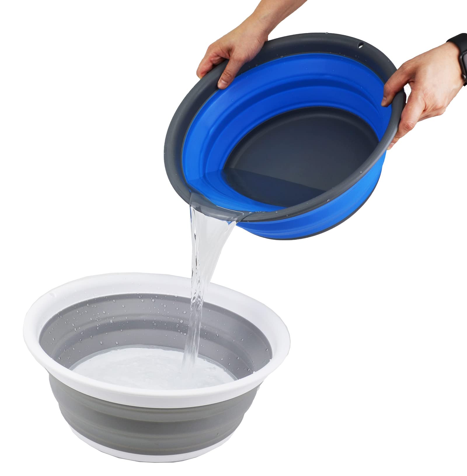 SAMMART 7.5L (1.98 Gallon) Collapsible Tub - Foldable Dish Tub - Portable Washing Basin - Space Saving Plastic Washtub (Grey/Blue (Set of 2))